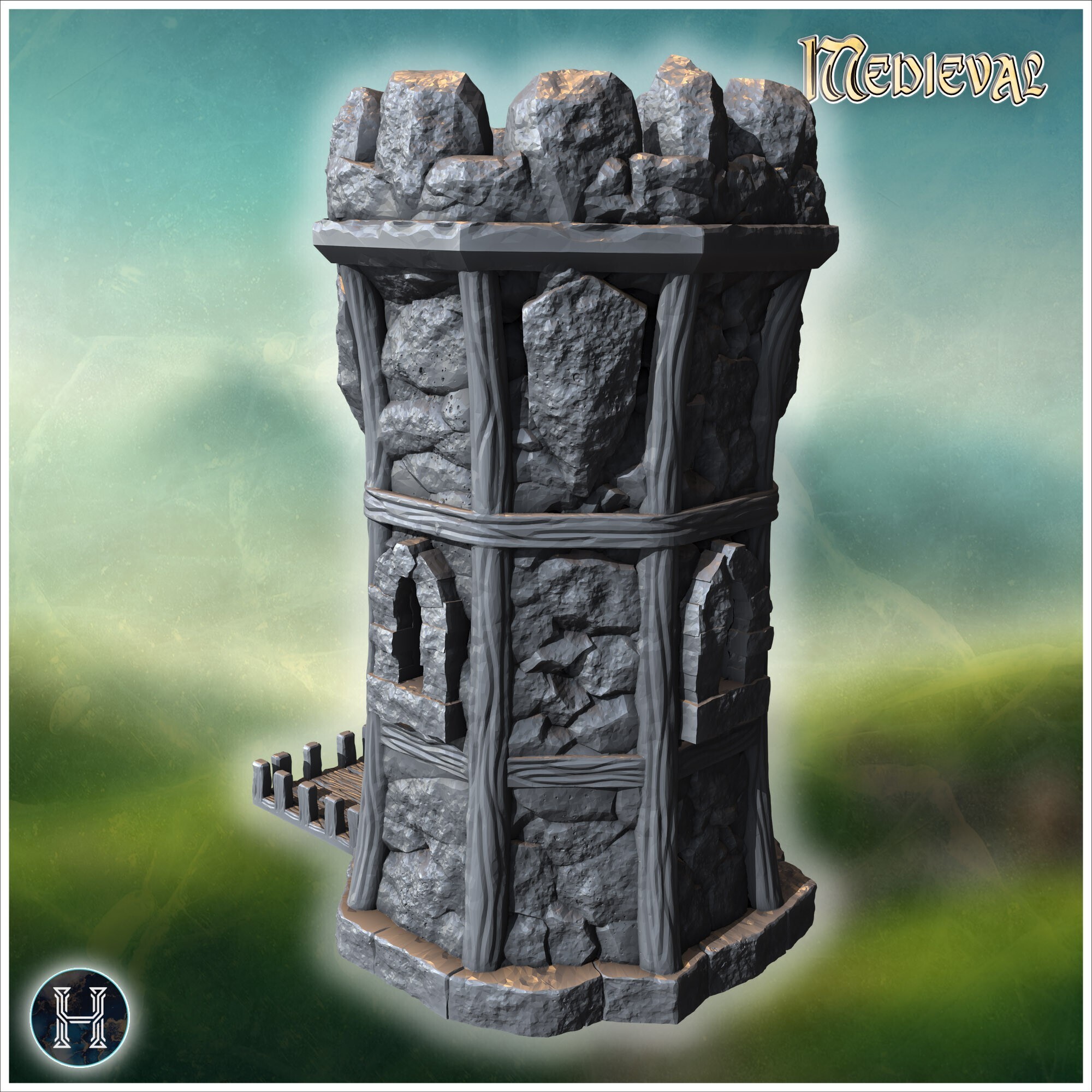 🪵 Rock-reinforced defensive tower with wooden supports, arched openings ...