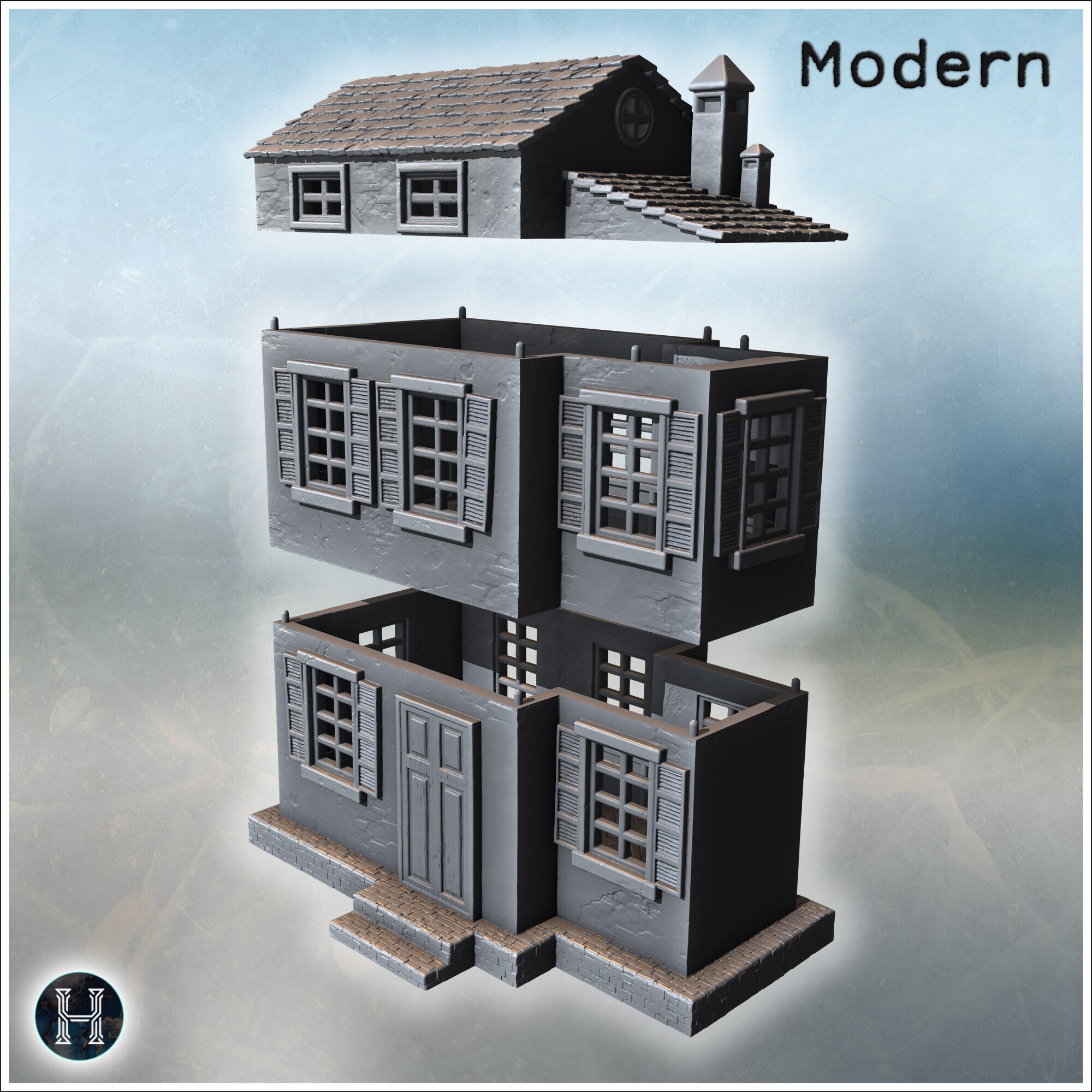 🏗️ Narrow building with tiled roof, tall windows with shutters and ...