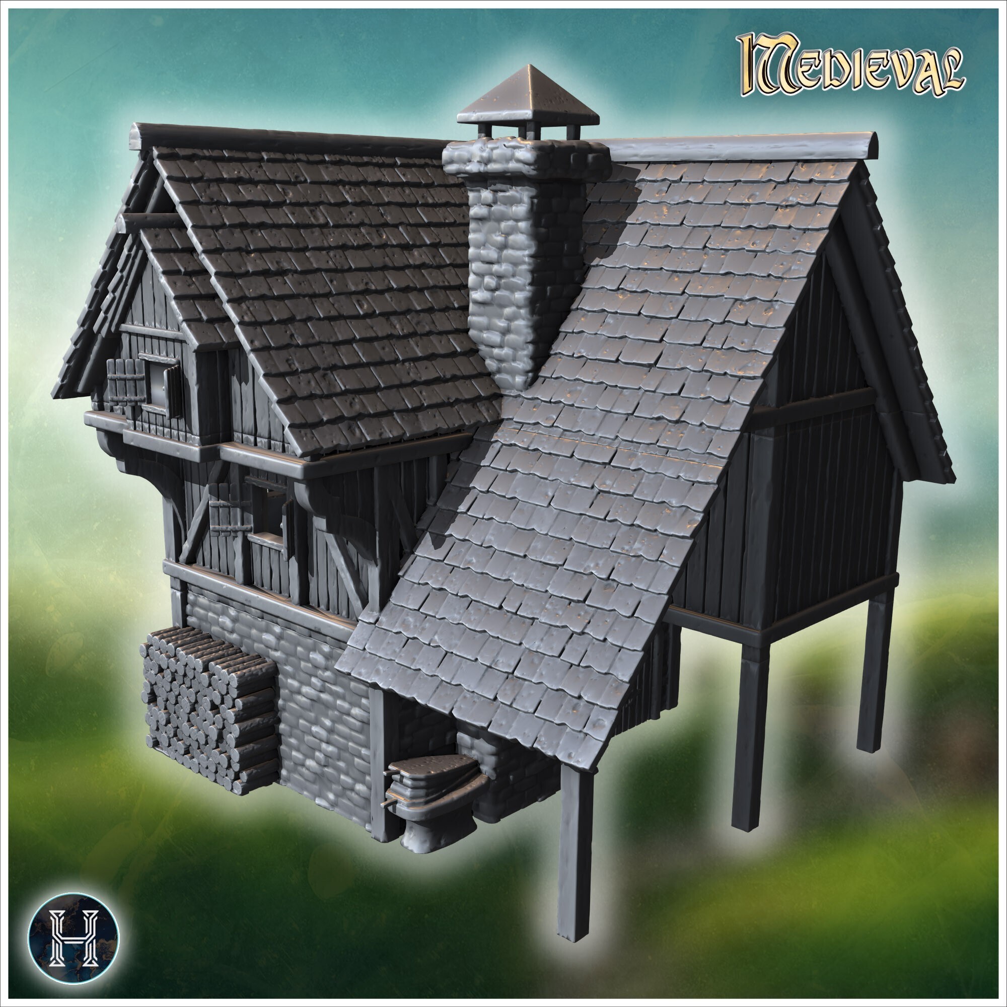 🏠 Timber-framed house with dormer windows, open shutters, and a stone ...