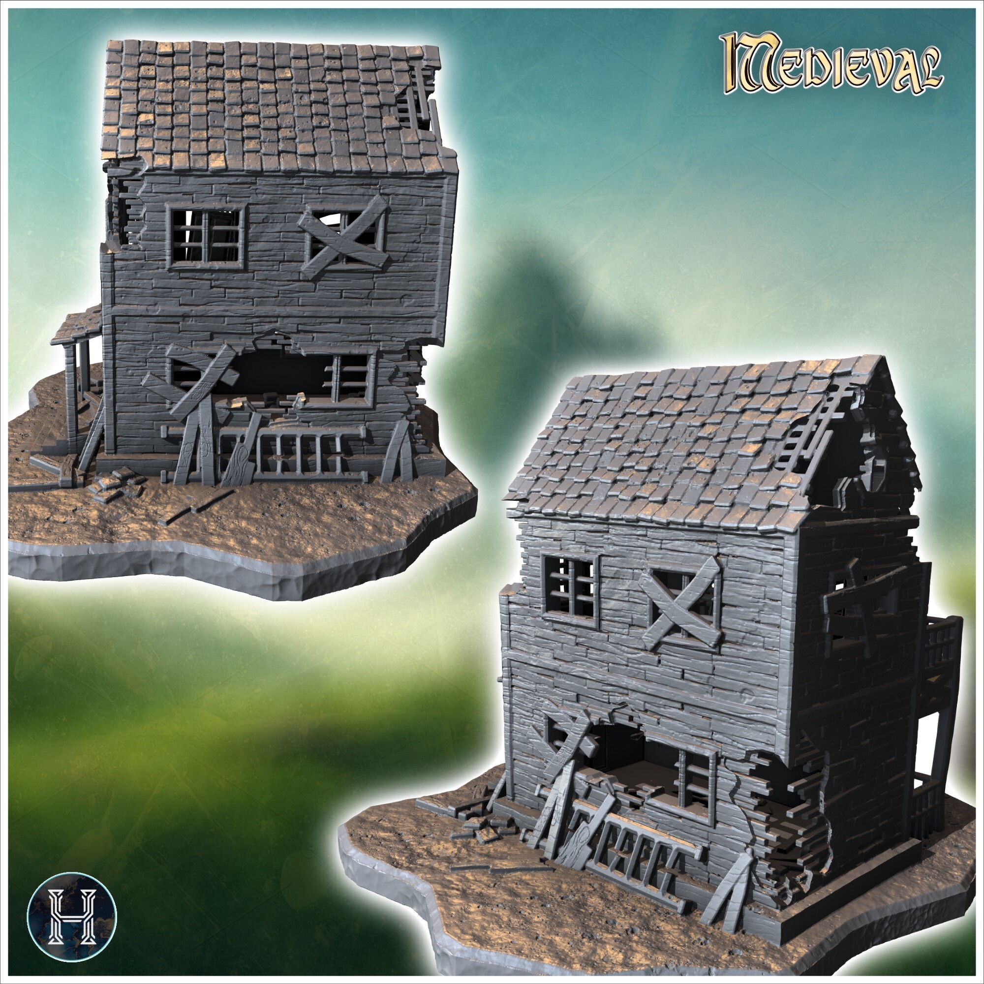 🏠 Two-story ruined house with damaged balcony, shattered windows, and ...