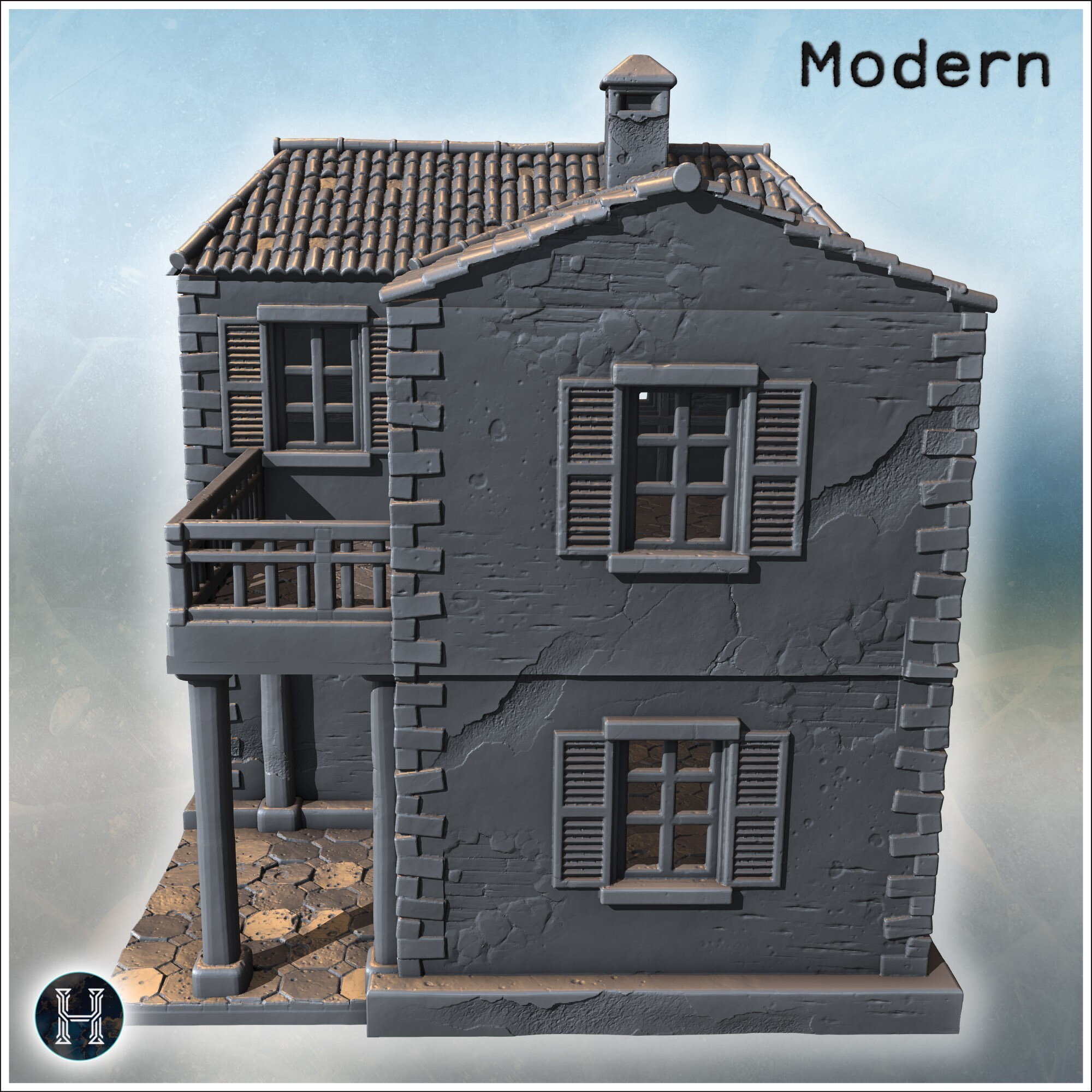 🏠 Two-story stone house with tile roof, upper balcony, and symmetrical ...