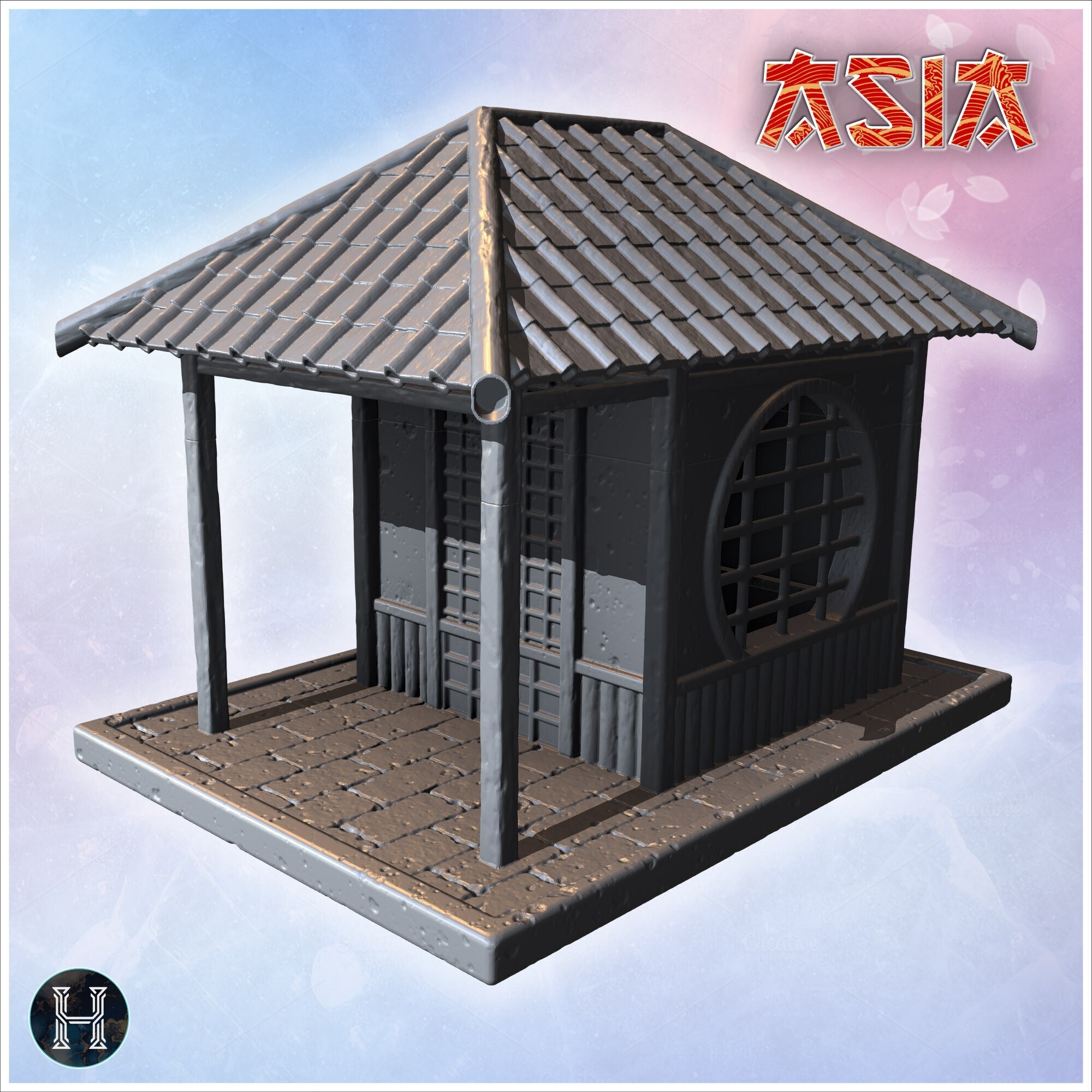 🤏 Small Asian-style pavilion with tiled roof, round window, sliding ...