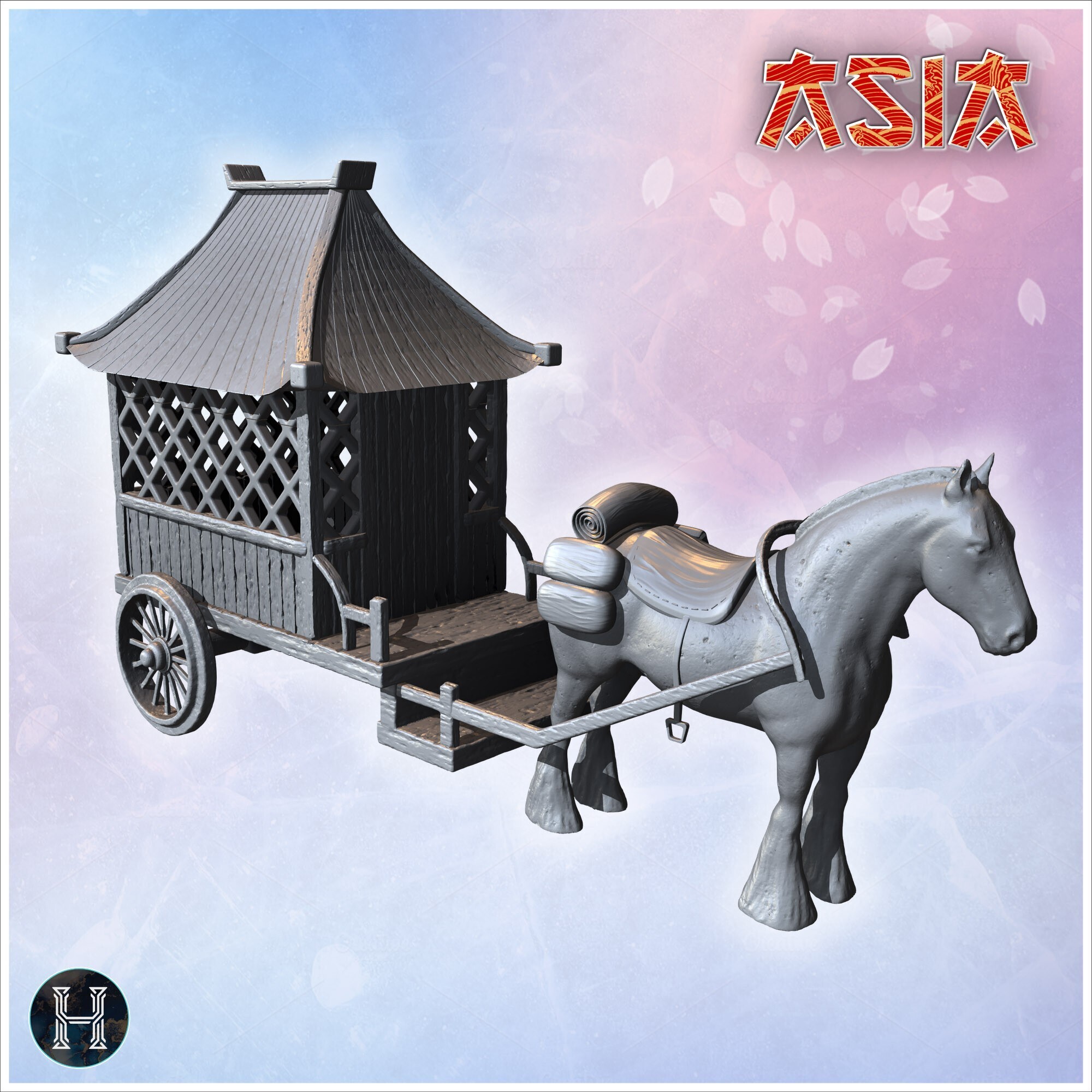 🪵 Asian horse-drawn wooden carriage featuring decorative lattice sides ...