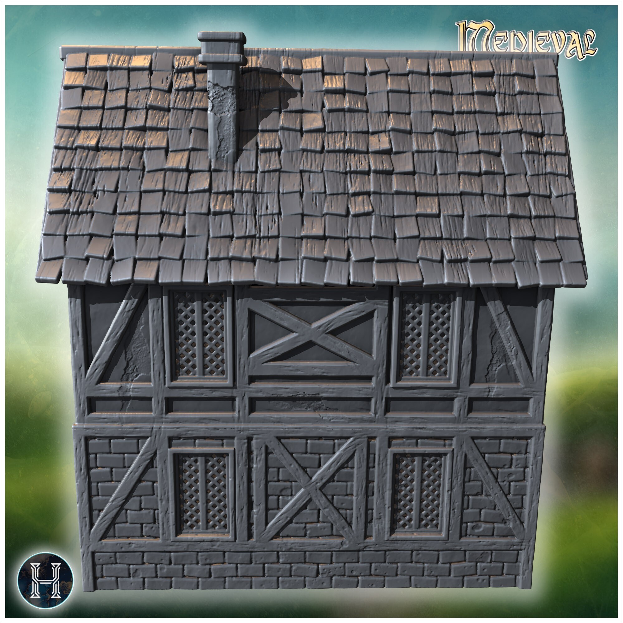 🏗️ Medieval building with large double-pitched roof, timber framing ...