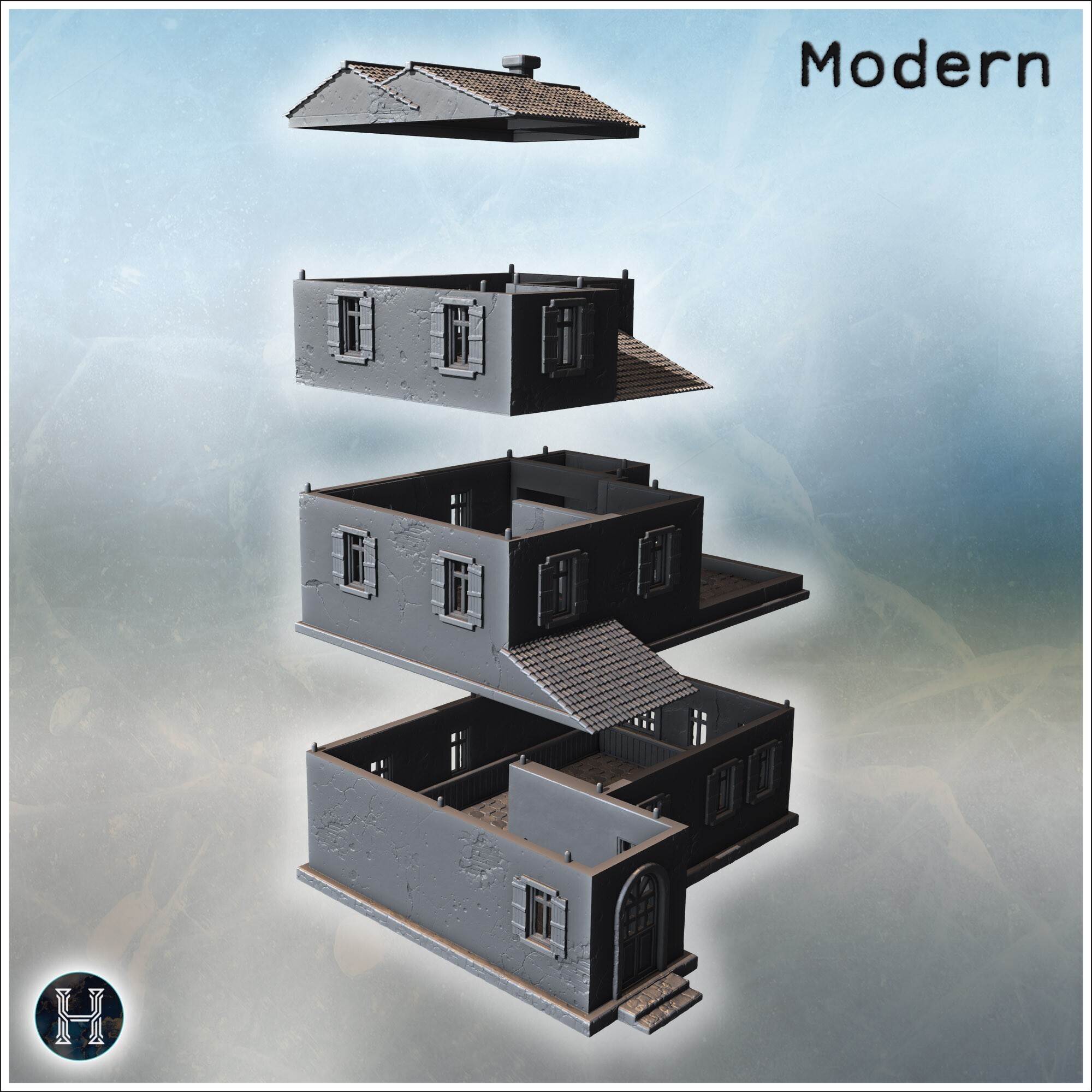 🗺️ Multi-level structure with tiled roofs, protruding wings and arched ...