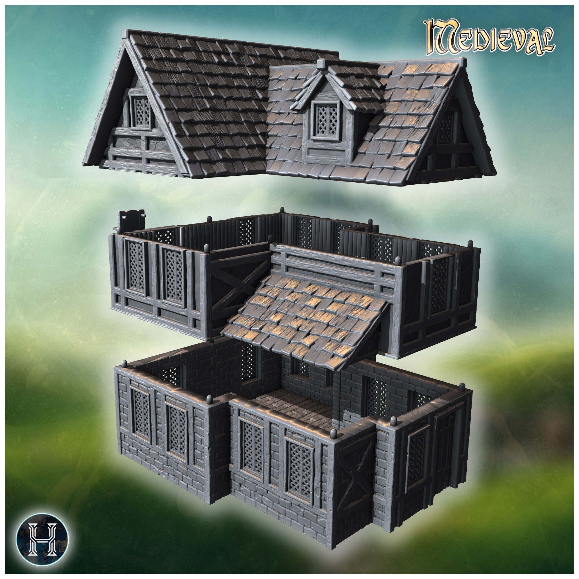 🏗️ Medieval building with large double-pitched roof, timber framing ...