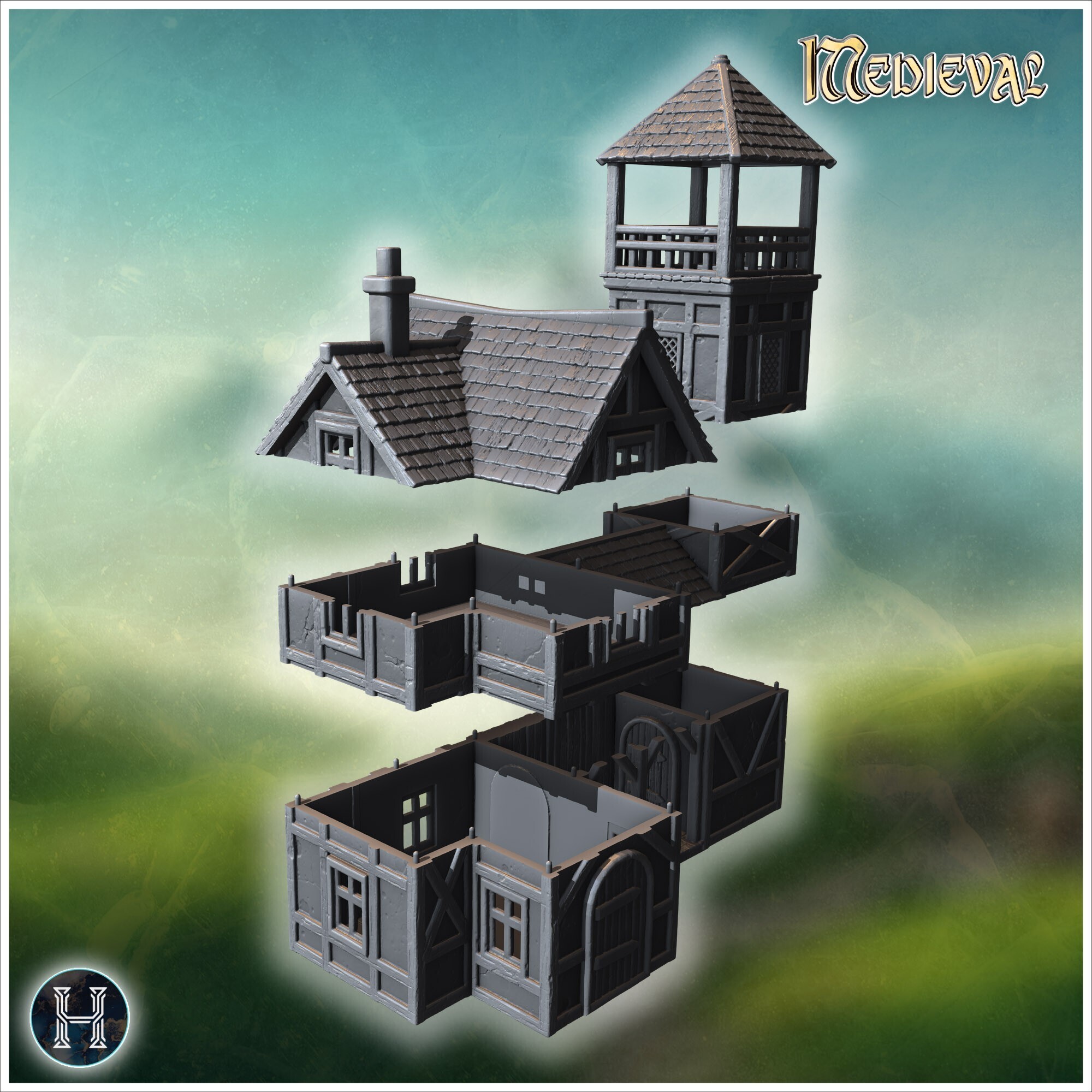 🏠 Medieval house with tall watchtower, half-timbered walls, wooden ...