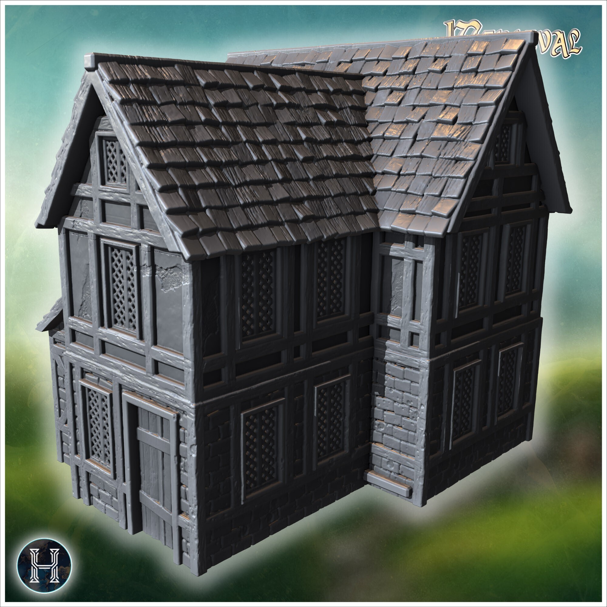 🏗️ Medieval building with large double-pitched roof, timber framing ...