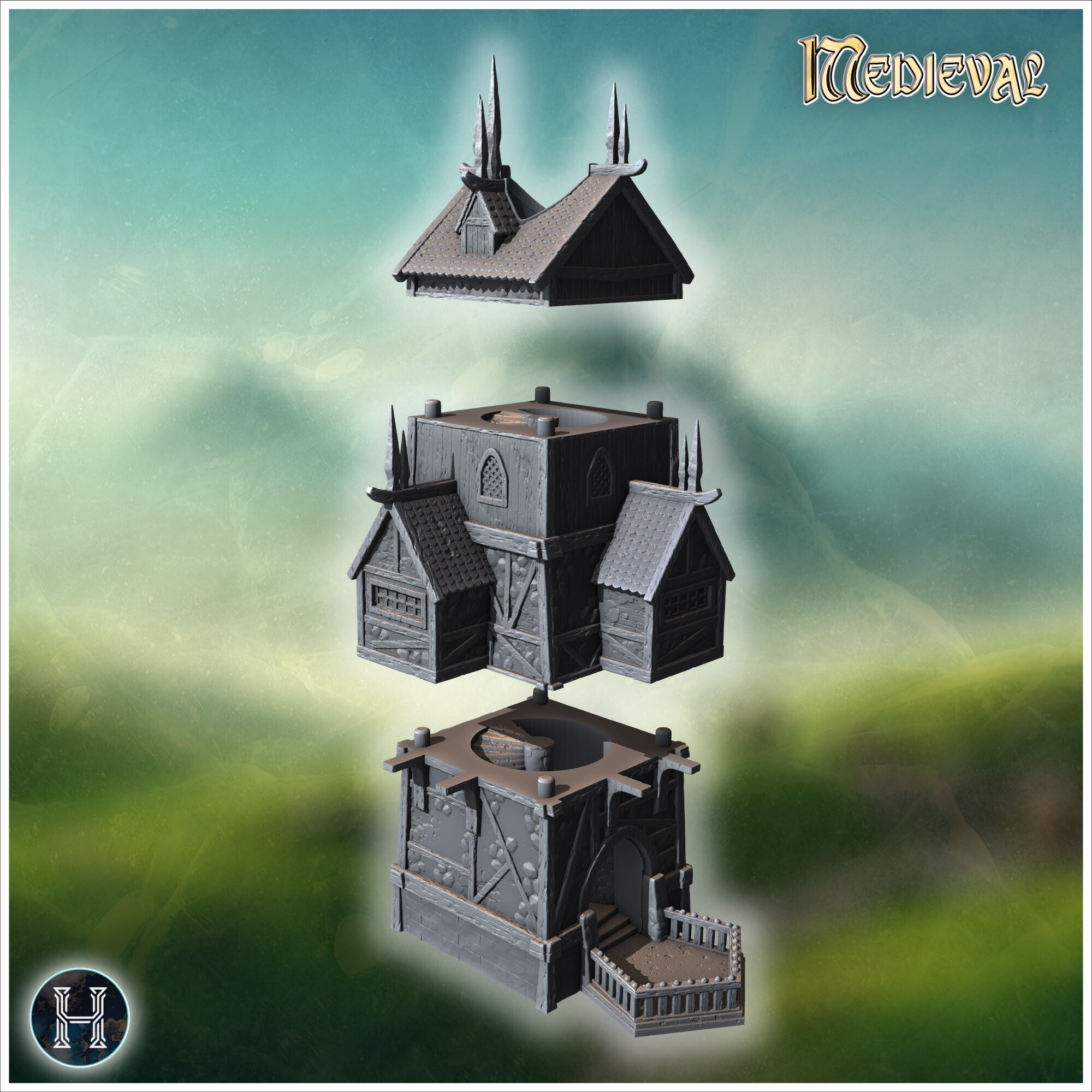 🪵 Timber-framed watchtower with reinforced base, wooden balconies, and ...