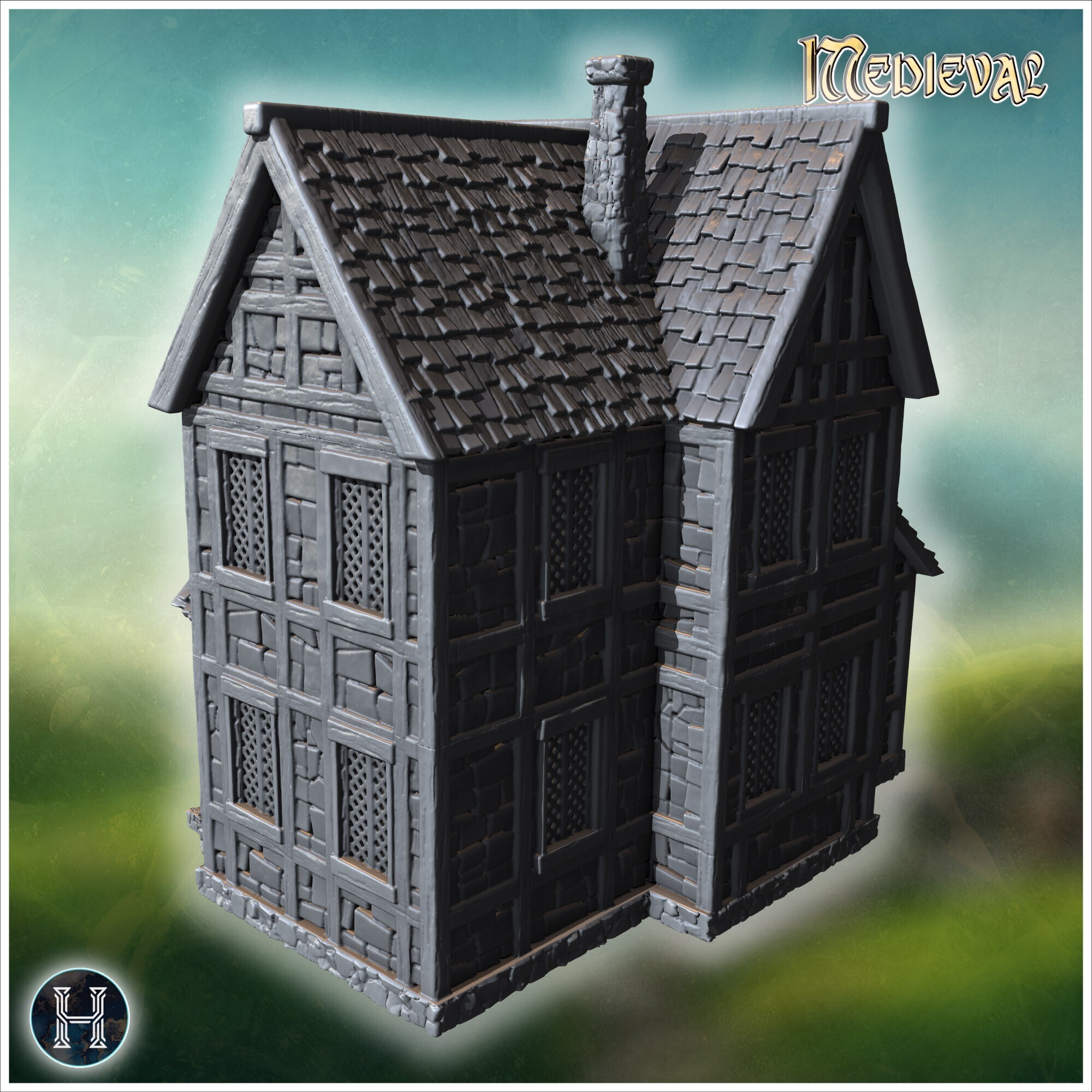 👴 Tall medieval home with high-pitched roof, latticed windows, stone ...