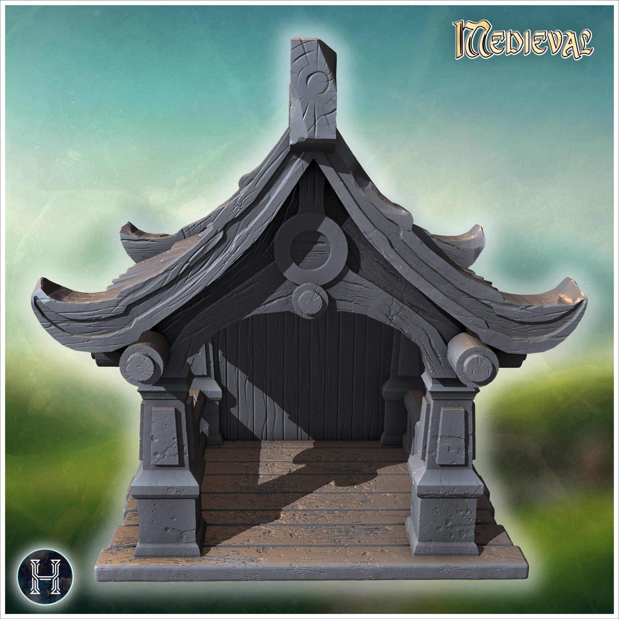 🤏 Small wooden shrine with curved tiled roof, decorative beams, and ...