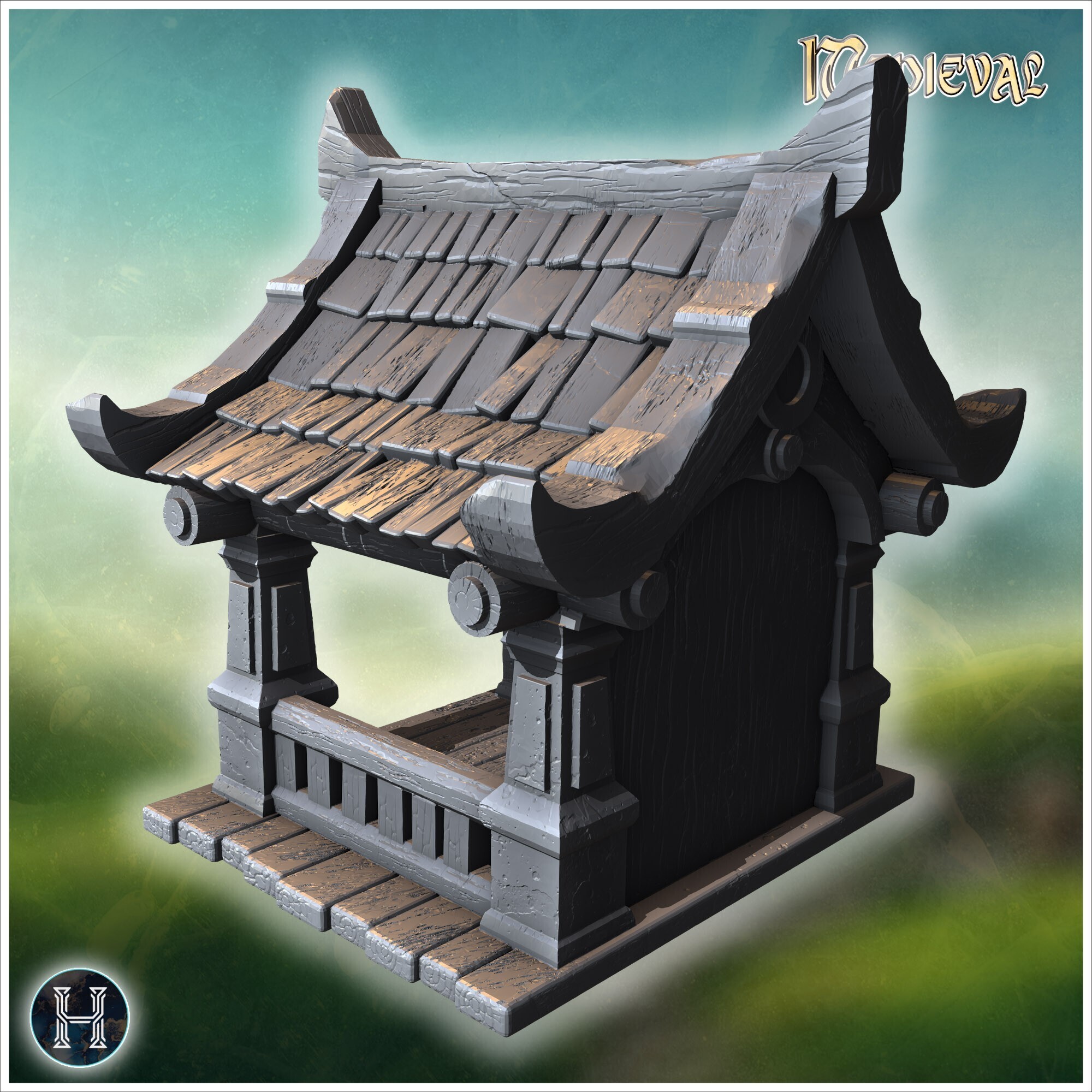🤏 Small wooden shrine with curved tiled roof, decorative beams, and ...