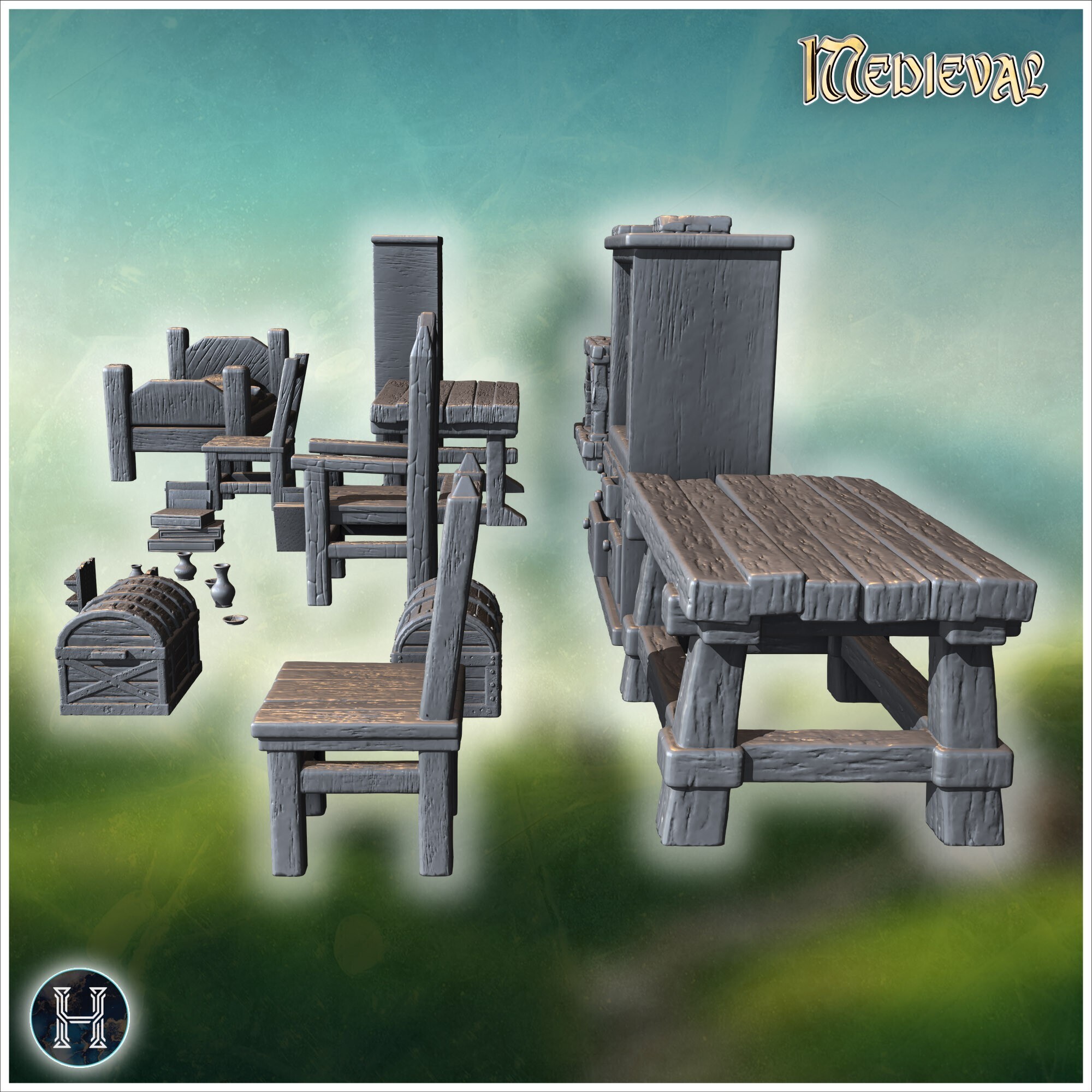 👴 Collection of rustic medieval furniture including beds, bookshelves ...