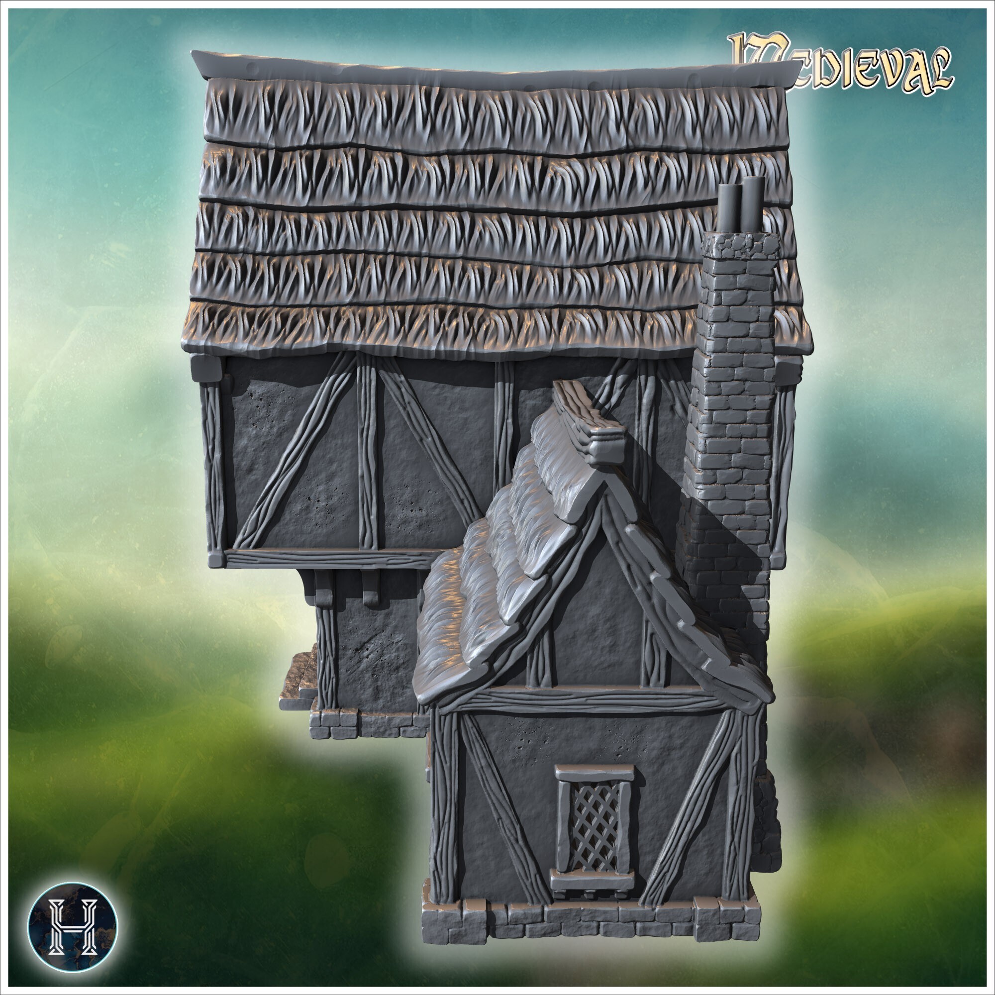 🏠 Half-timbered medieval house with thatched roof, stone chimney ...