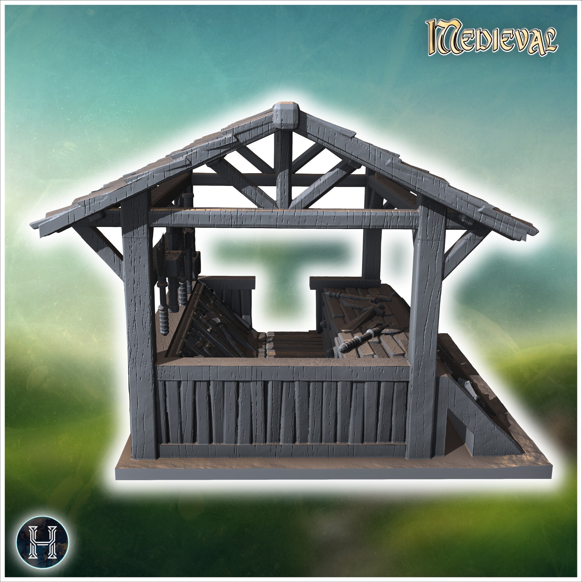 🪵 Open wooden market stall with a slanted roof, display shelves, and ...