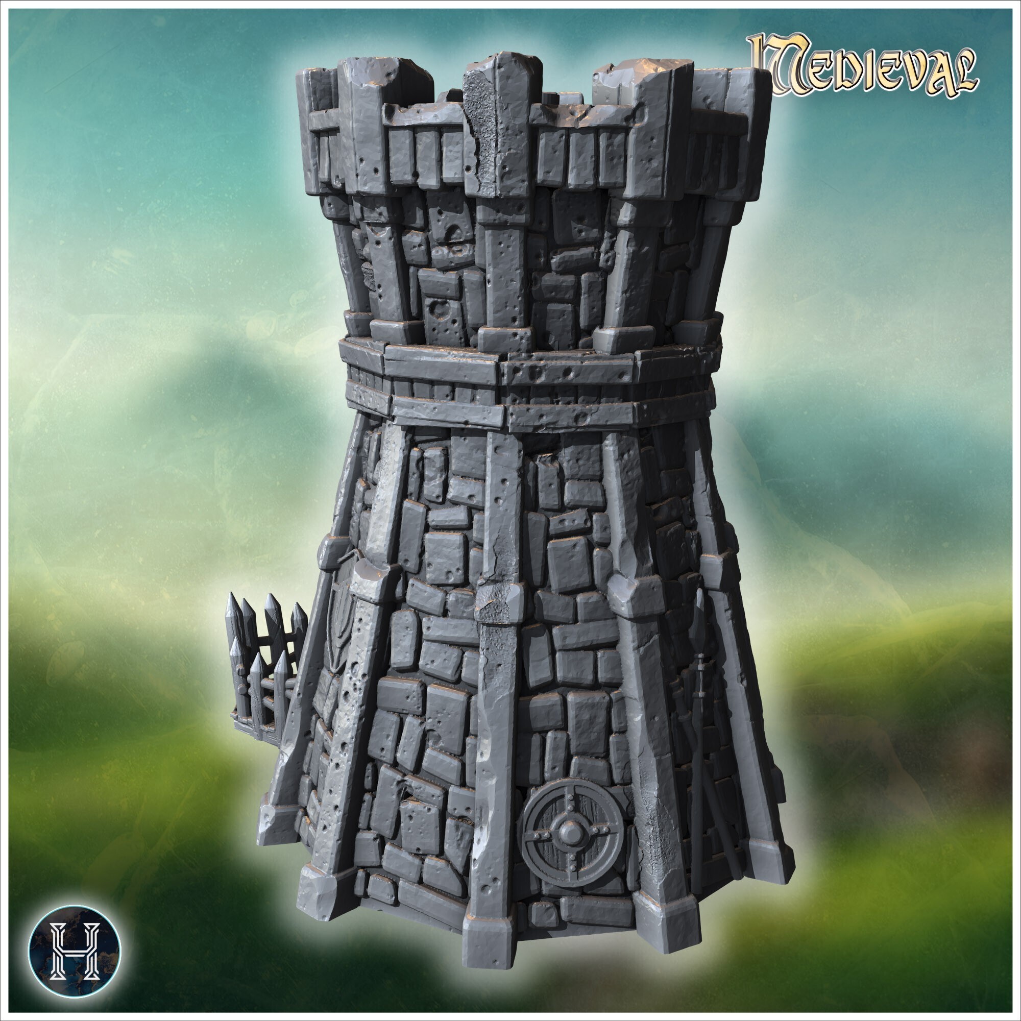 🪵 Stone watchtower with fortified gate, wooden palisade, and decorative ...