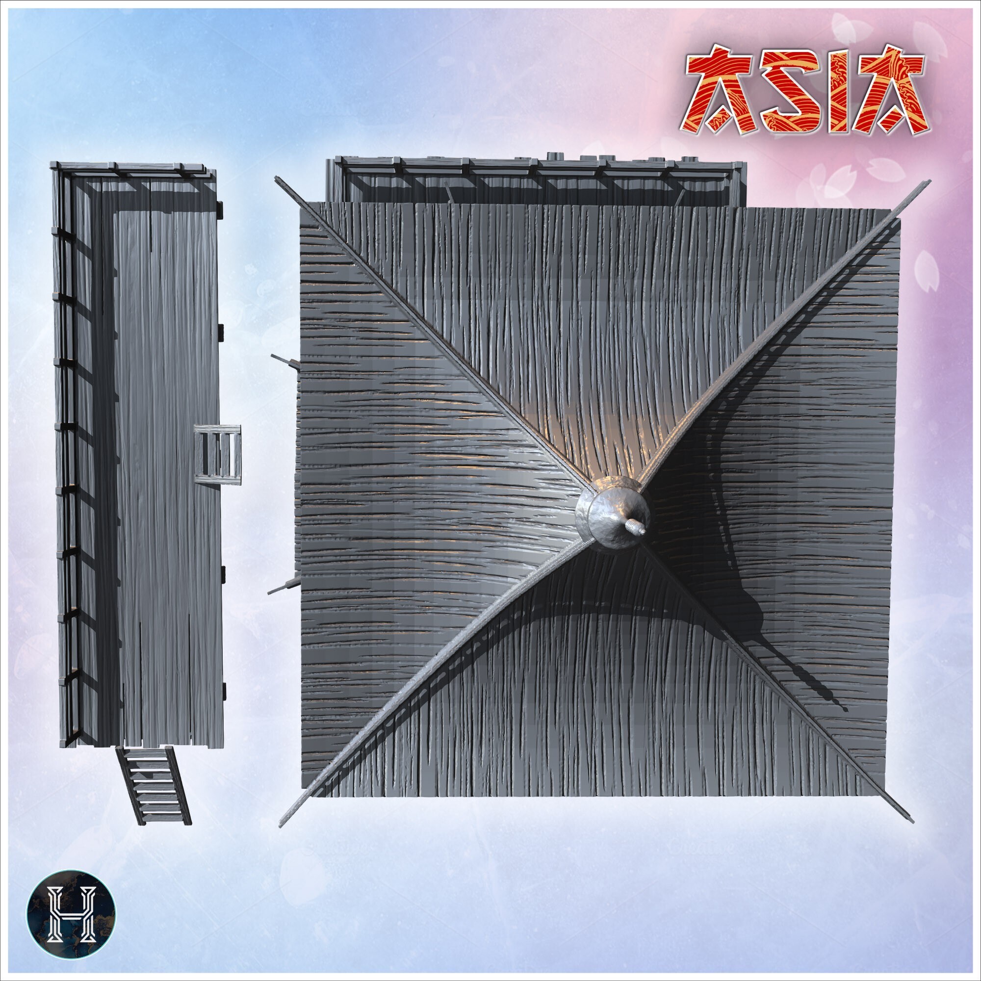 🪵 Elevated Asian pavilion featuring wide wooden decks, stairs, stone ...