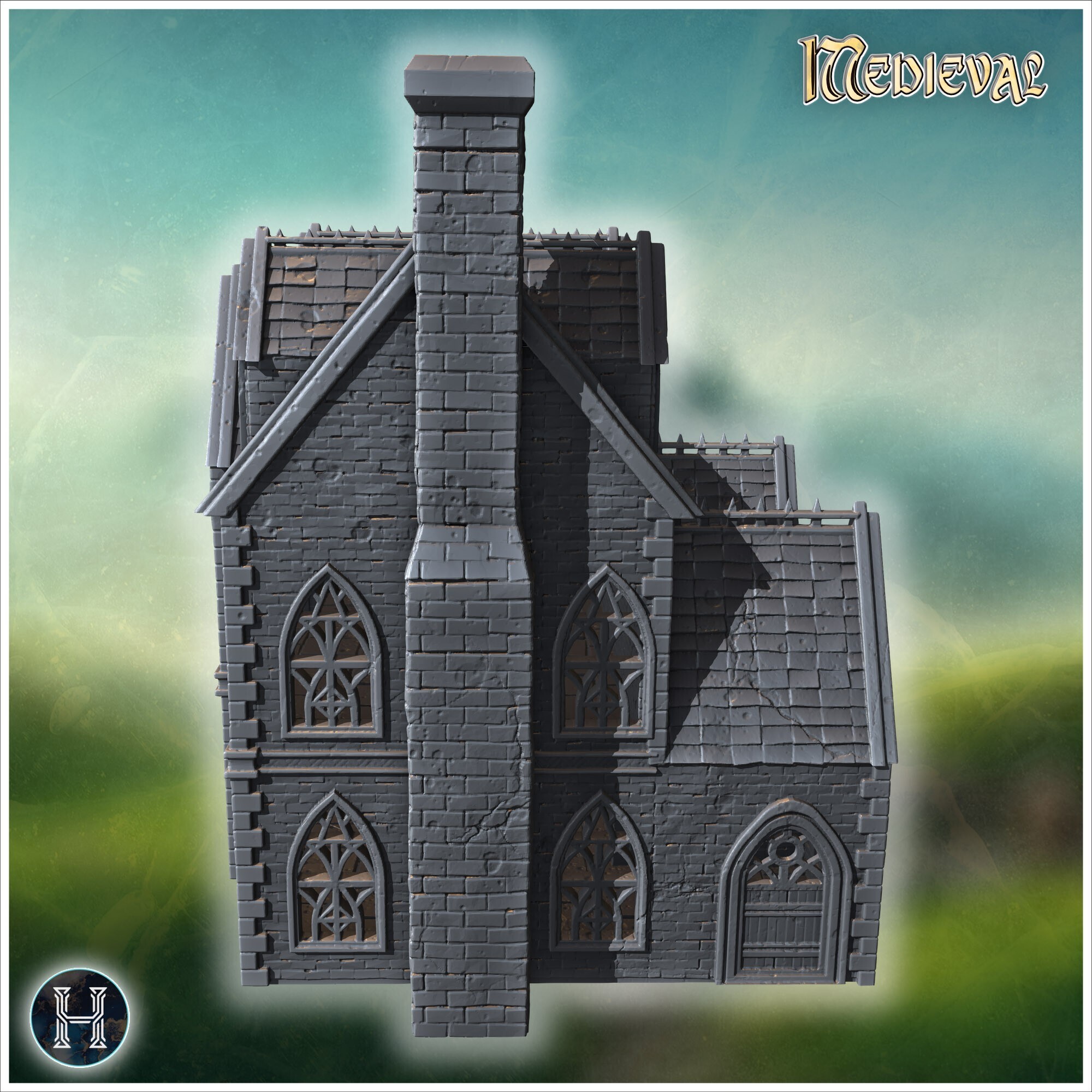 🏠 Large gothic house with twin chimneys and decorative roof railing (25 ...