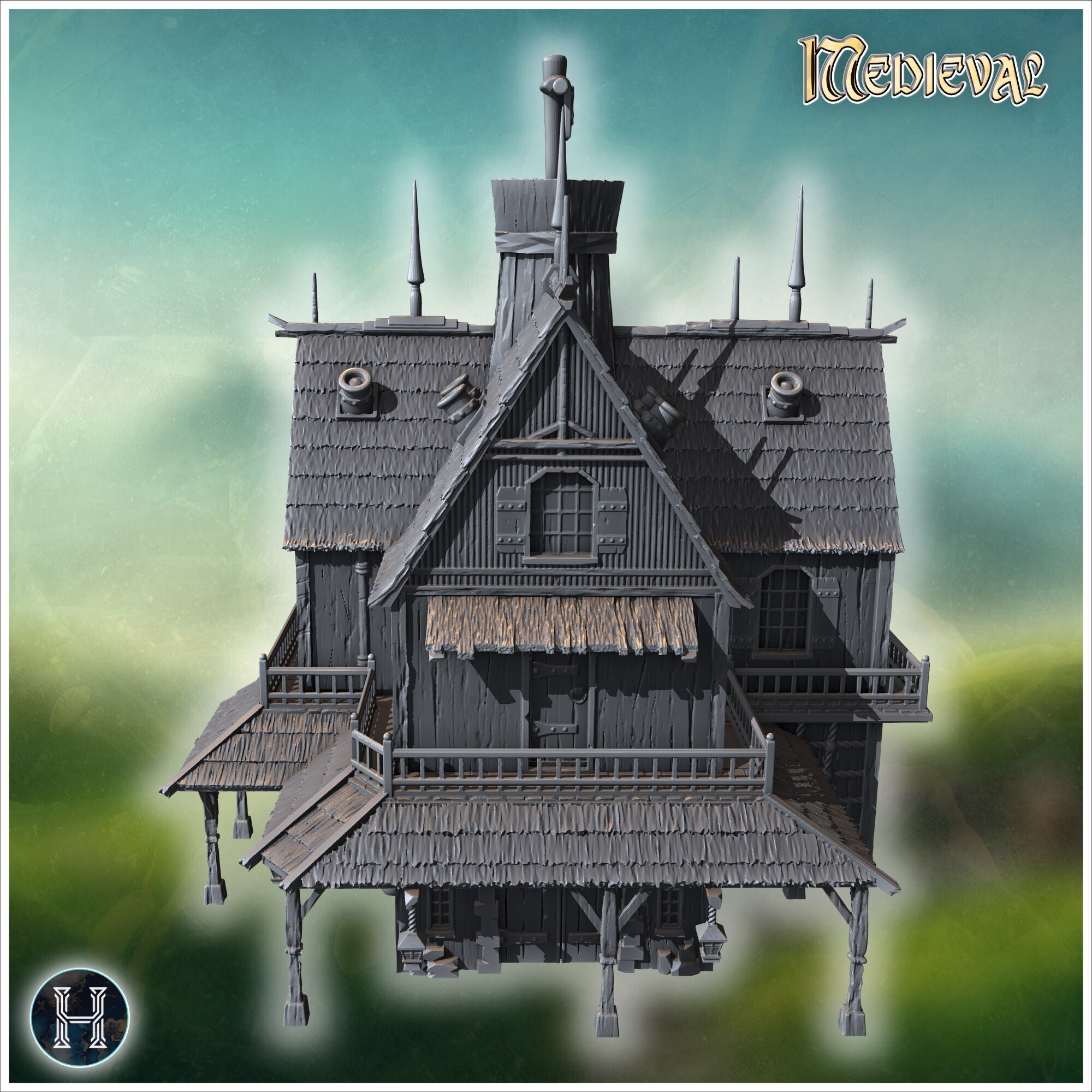 🏴‍☠️ Gran taberna pirata con tejados altos, balcones de madera y torres ...