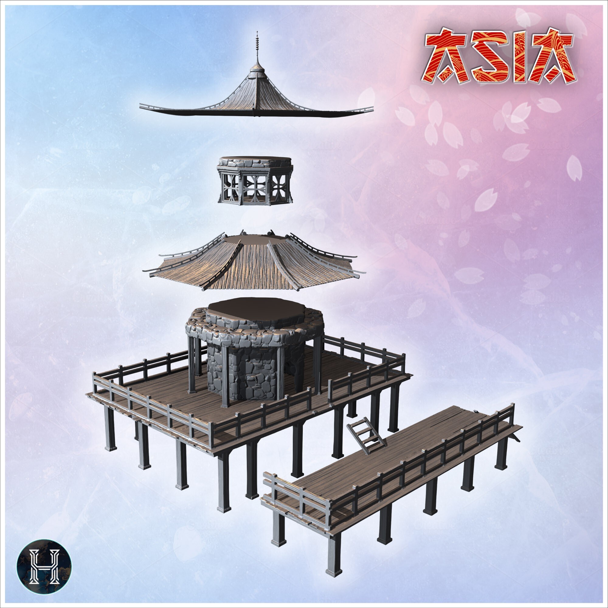 🪵 Elevated Asian pavilion featuring wide wooden decks, stairs, stone ...