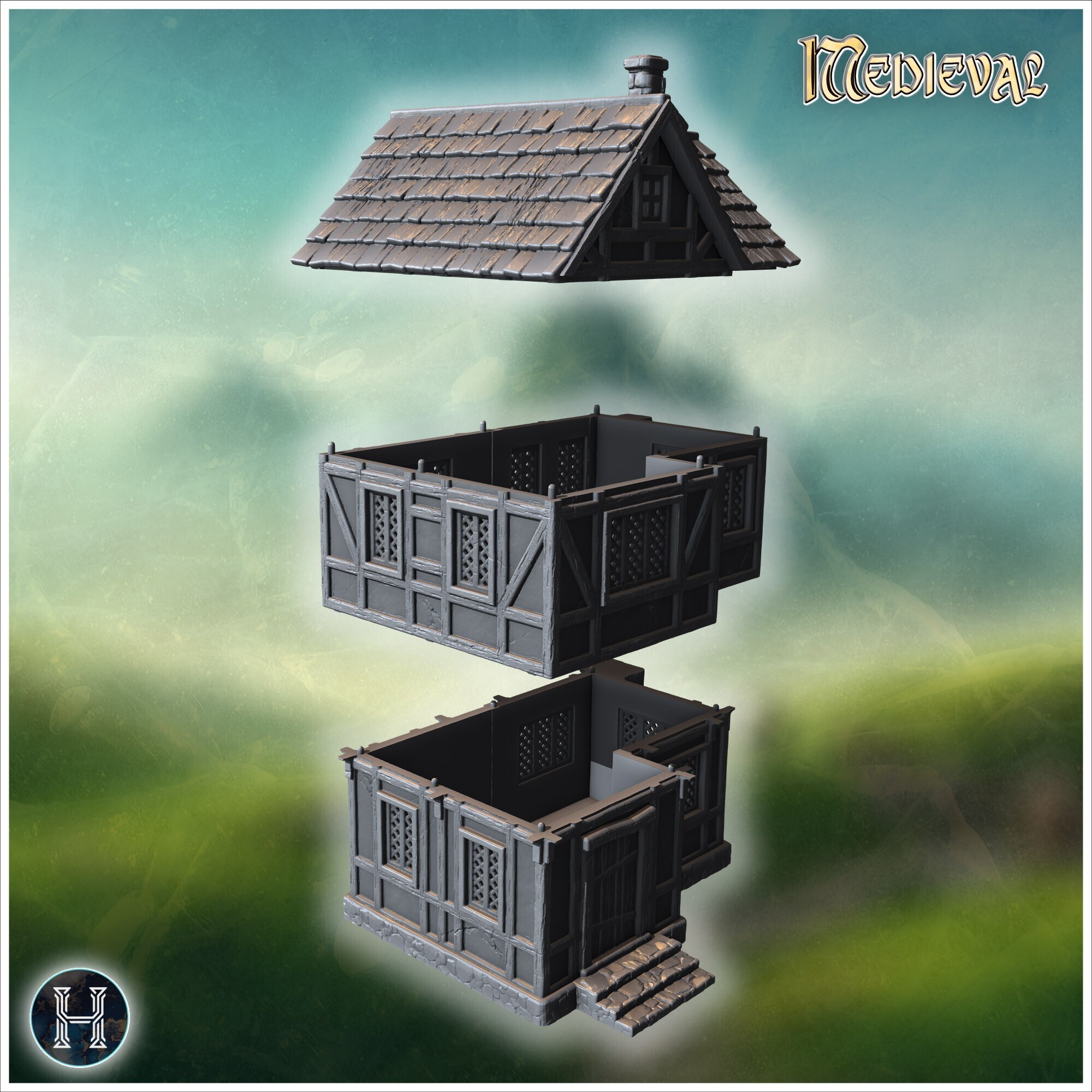 🏠 Large medieval house with wooden reinforcements, stone base, lattice ...