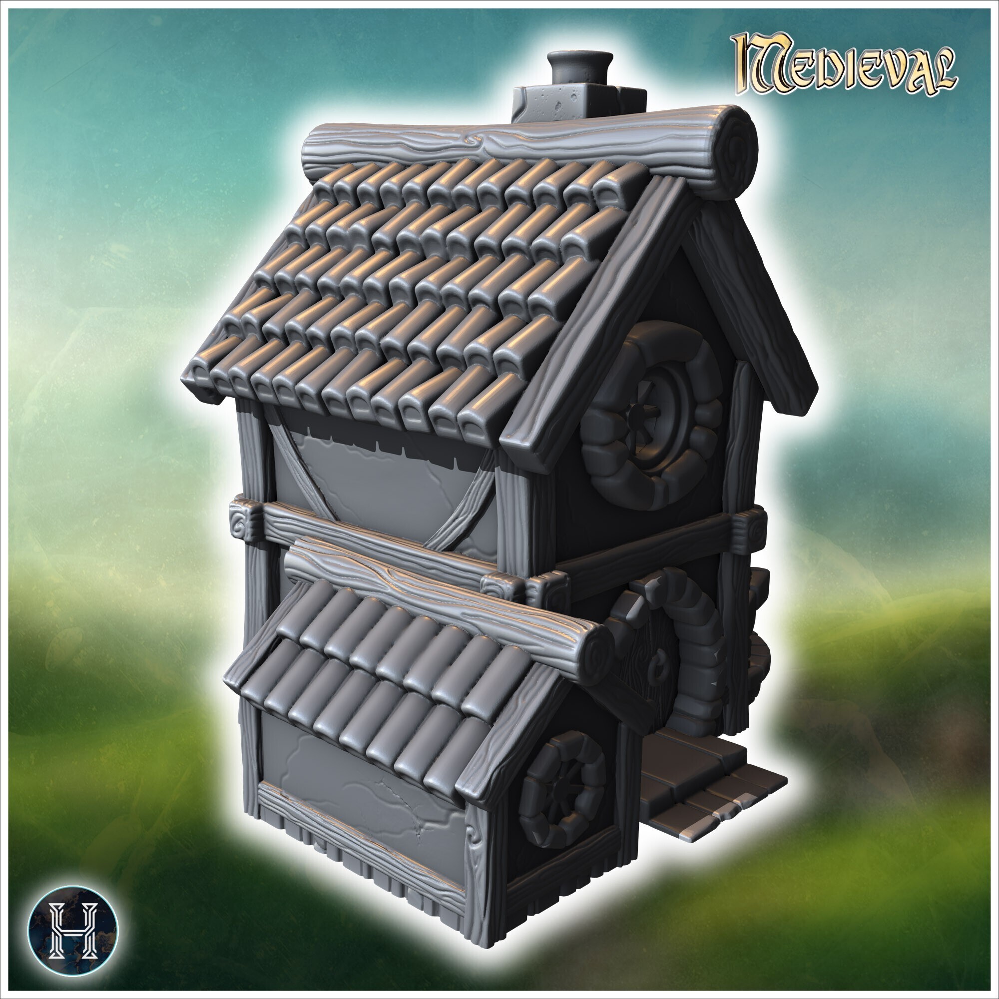 🏠 Medieval stone house with round chimney, circular window, and ...