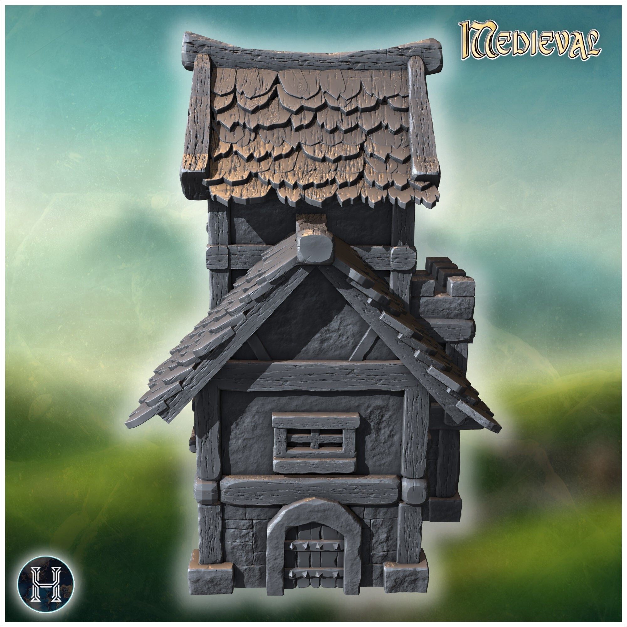 🪵 Tall medieval townhouse with fortified base and wooden structure (40 ...