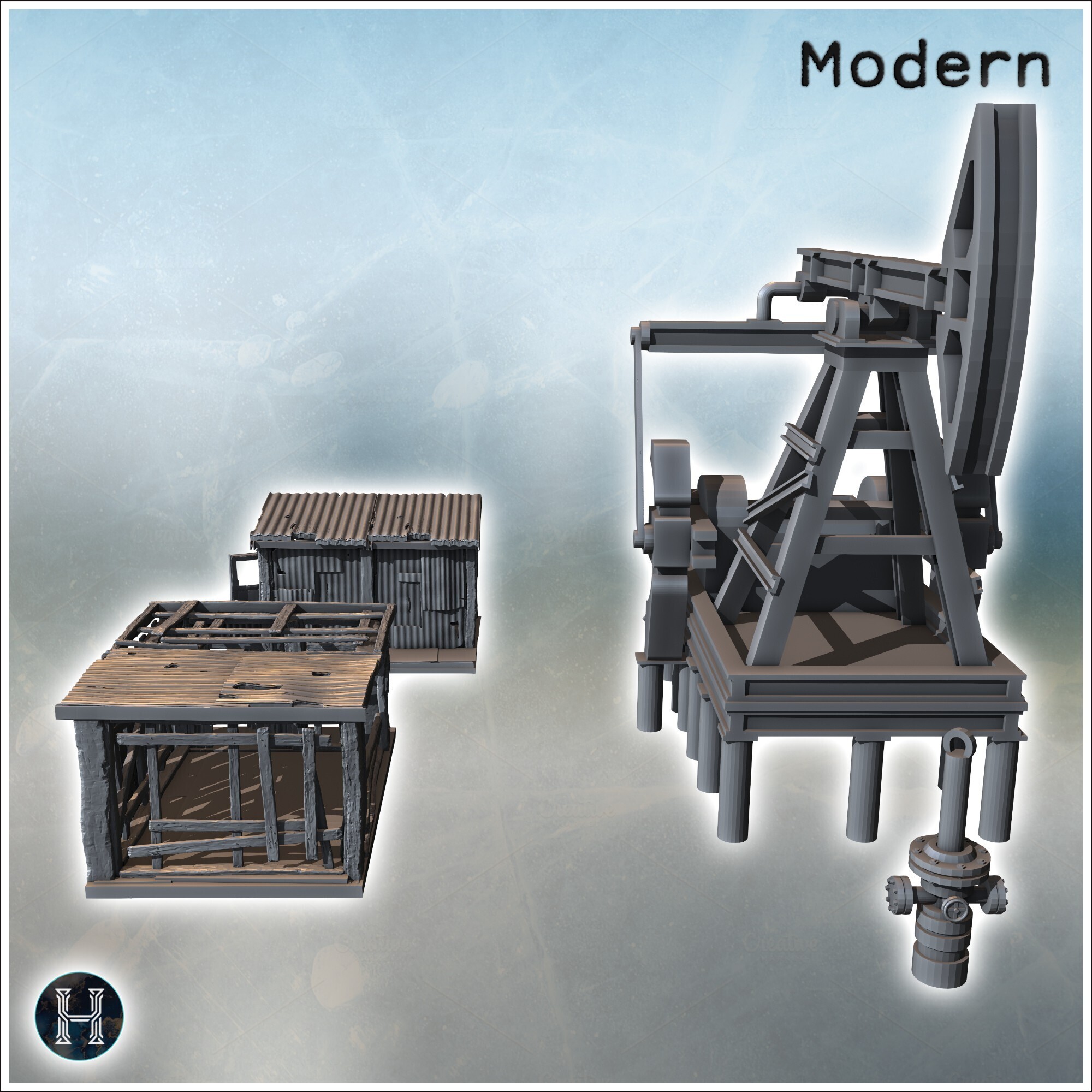 🛢️ Oil rig with wooden structures, pipes, and mechanical equipment on ...