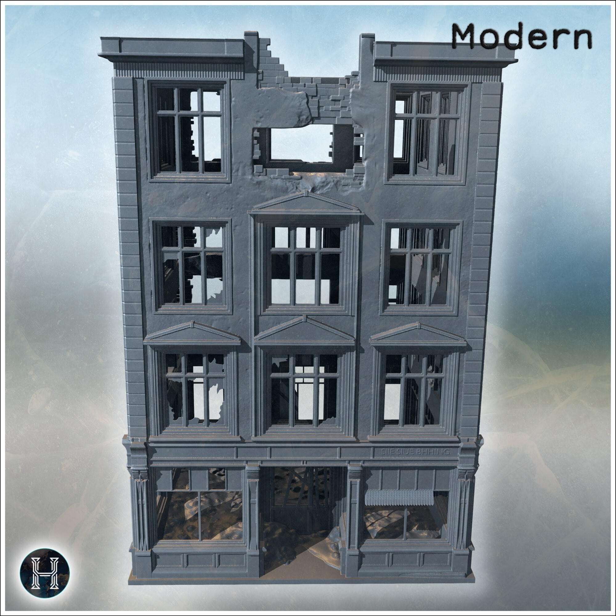 🏗️ Four-story building with broken windows, damaged facade, and debris ...