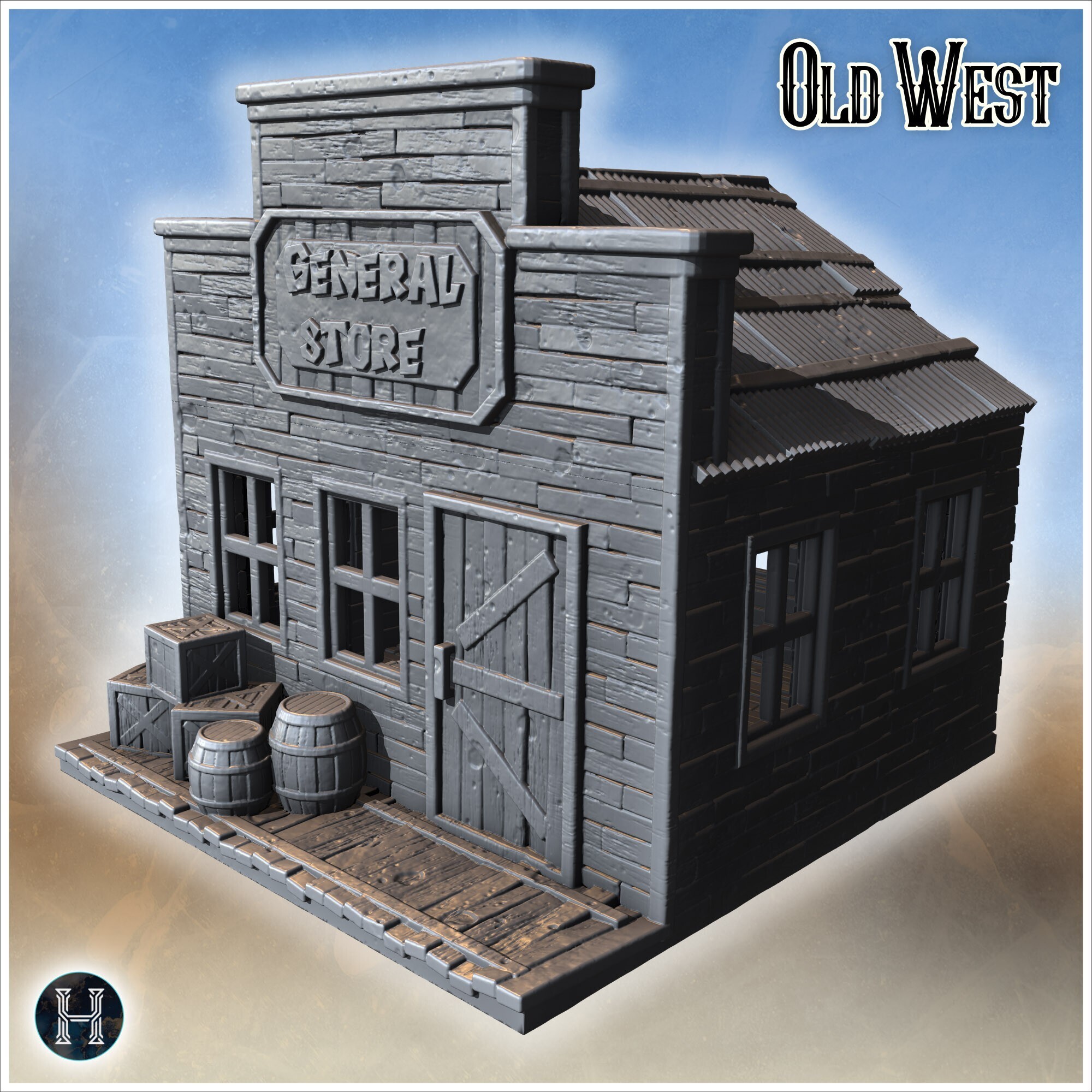 🚪 General store with barrels, crates, signboard above door and ...