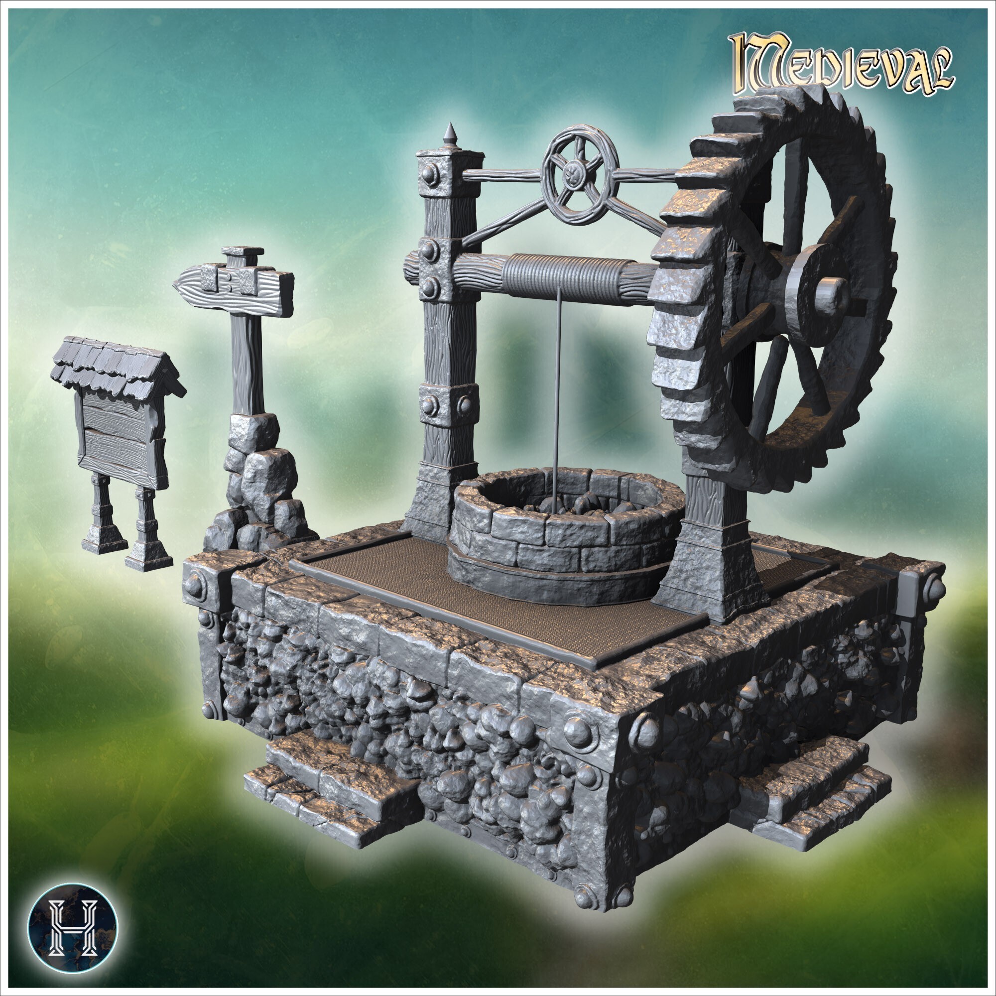 🪵 Medieval village set with well, signpost, and wooden notice board (8 ...