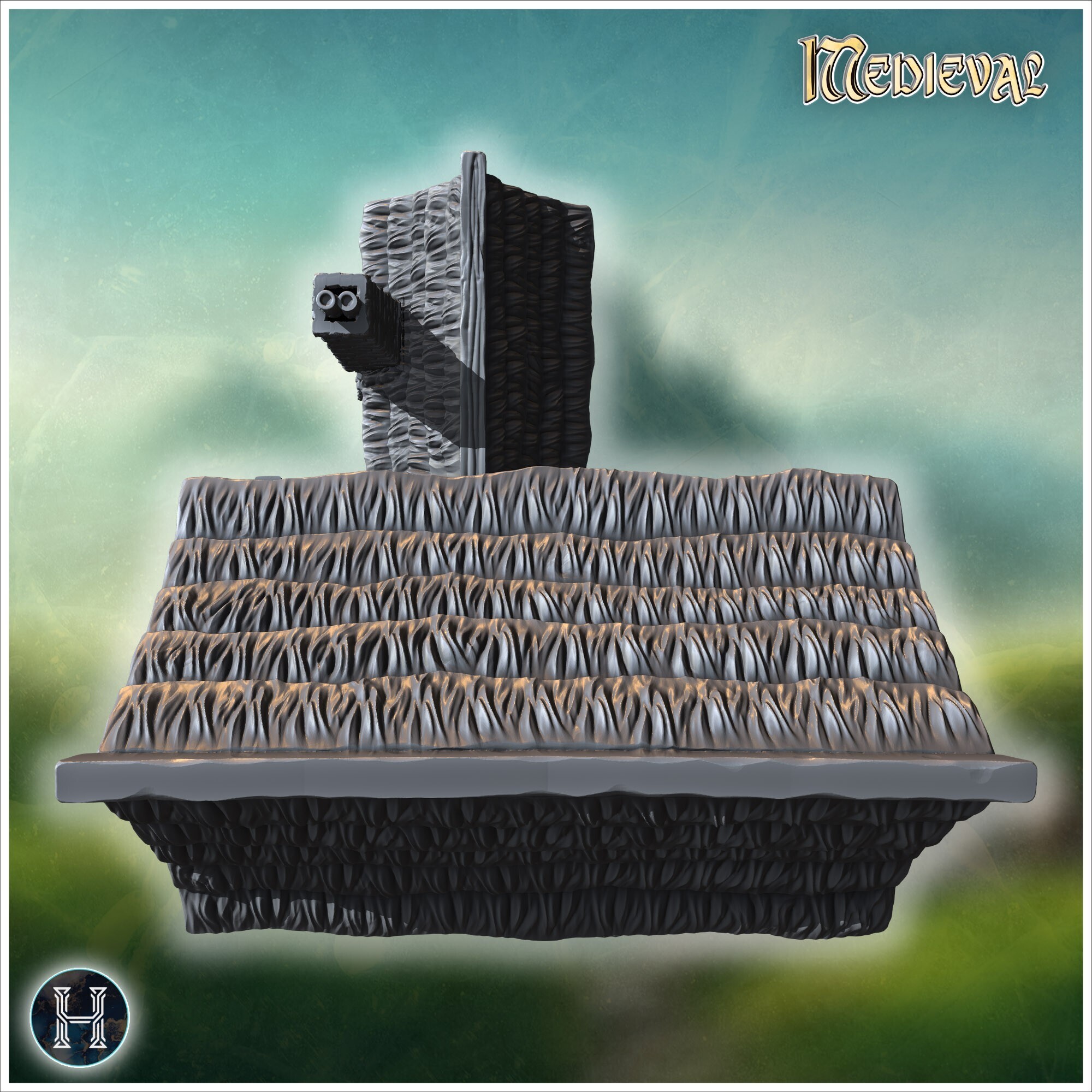 🏠 Half-timbered medieval house with thatched roof, stone chimney ...