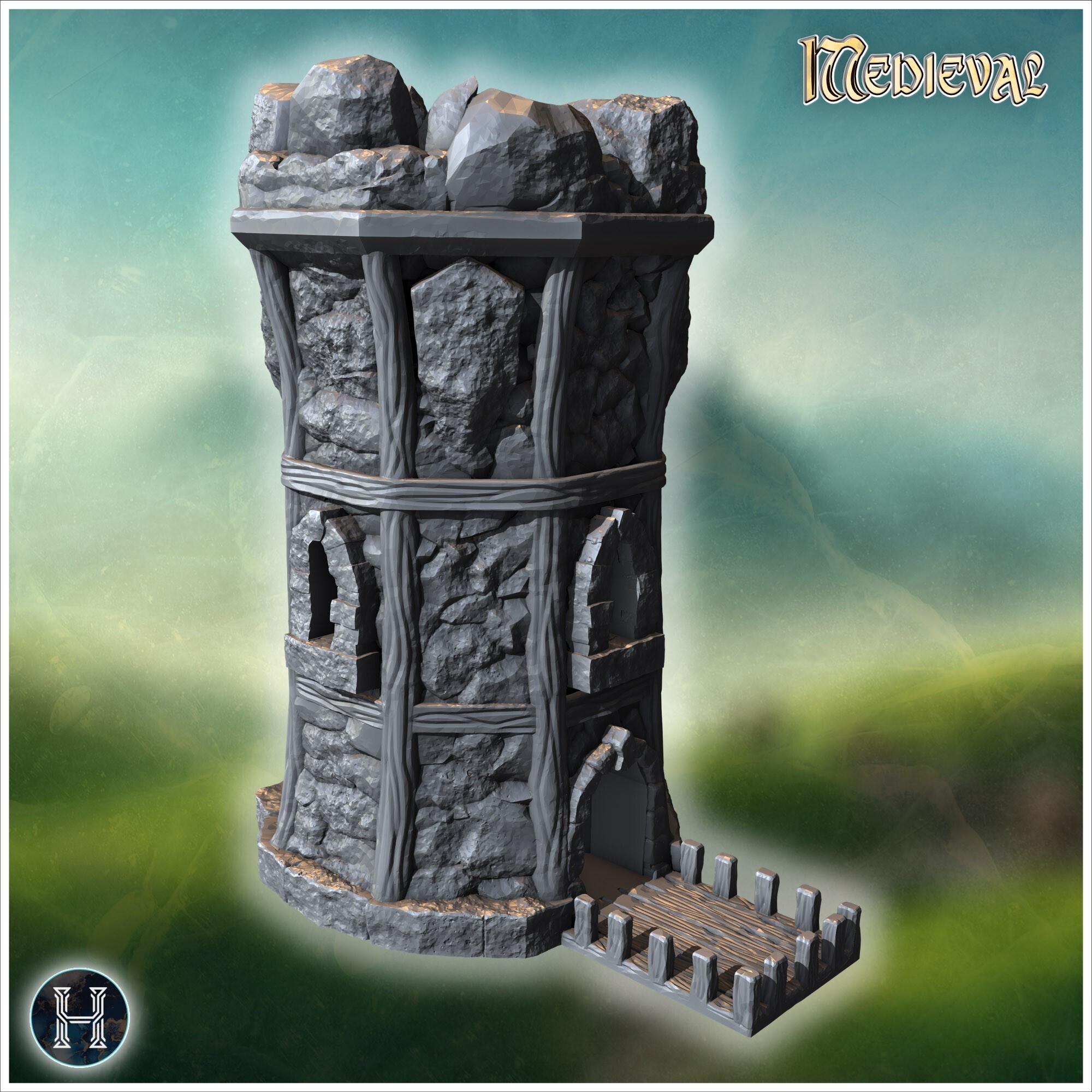 🪵 Rock-reinforced defensive tower with wooden supports, arched openings ...