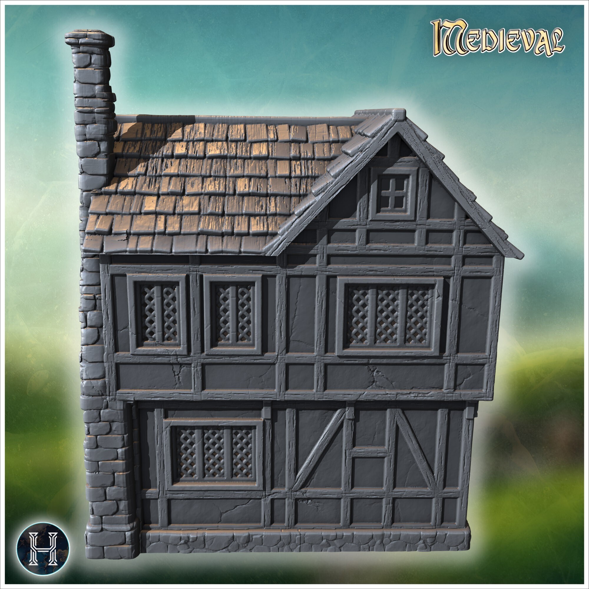 🏠 Large medieval house with wooden reinforcements, stone base, lattice ...