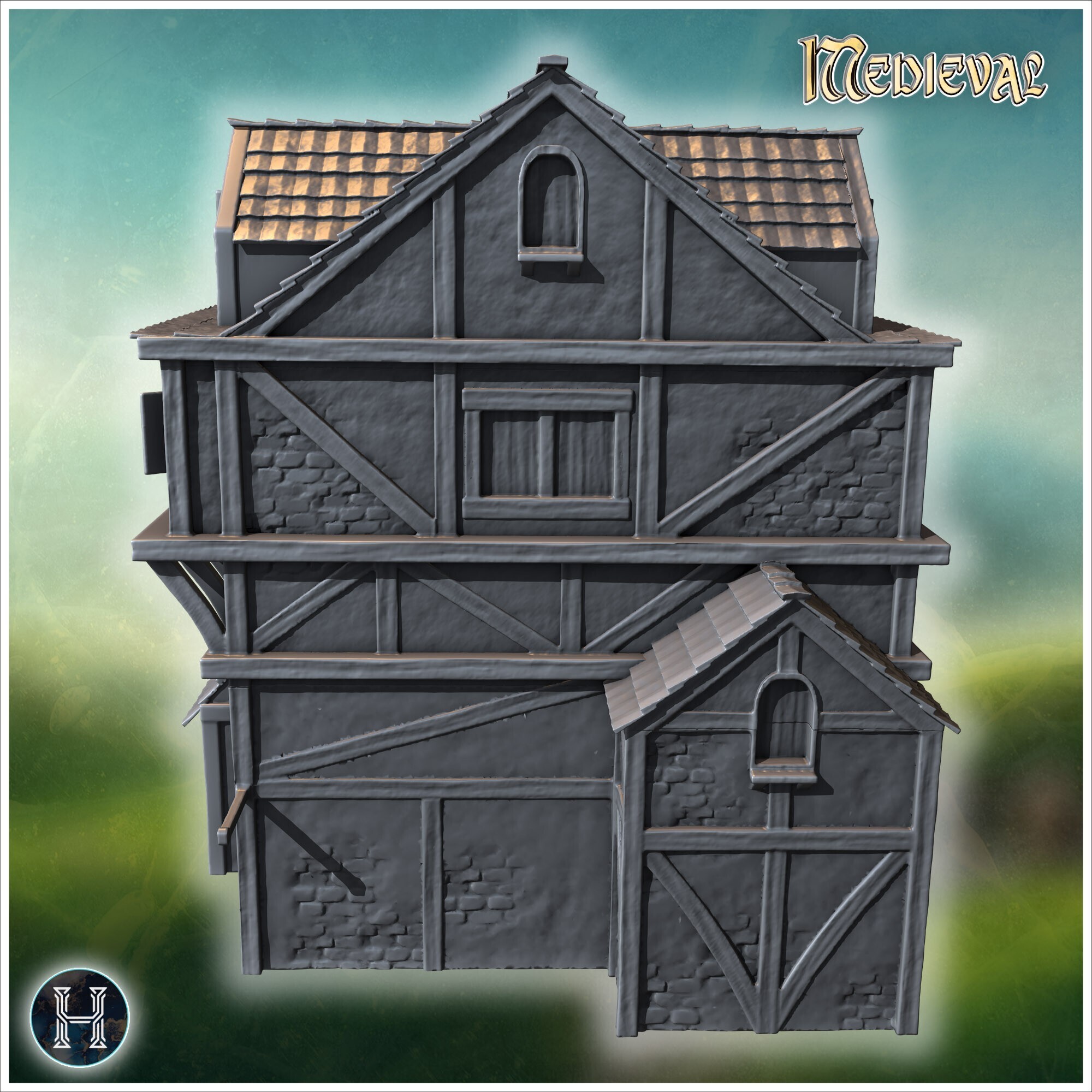 🏠 Tall medieval house with timber framing, overhanging upper floor ...