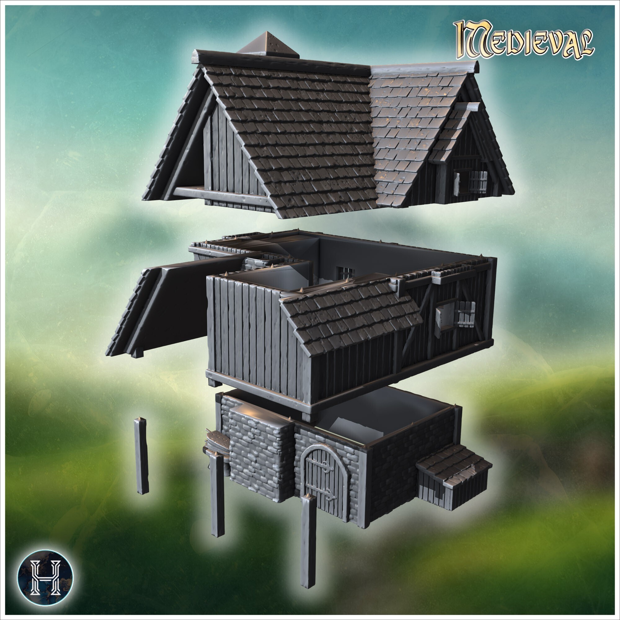 🏠 Timber-framed house with dormer windows, open shutters, and a stone ...