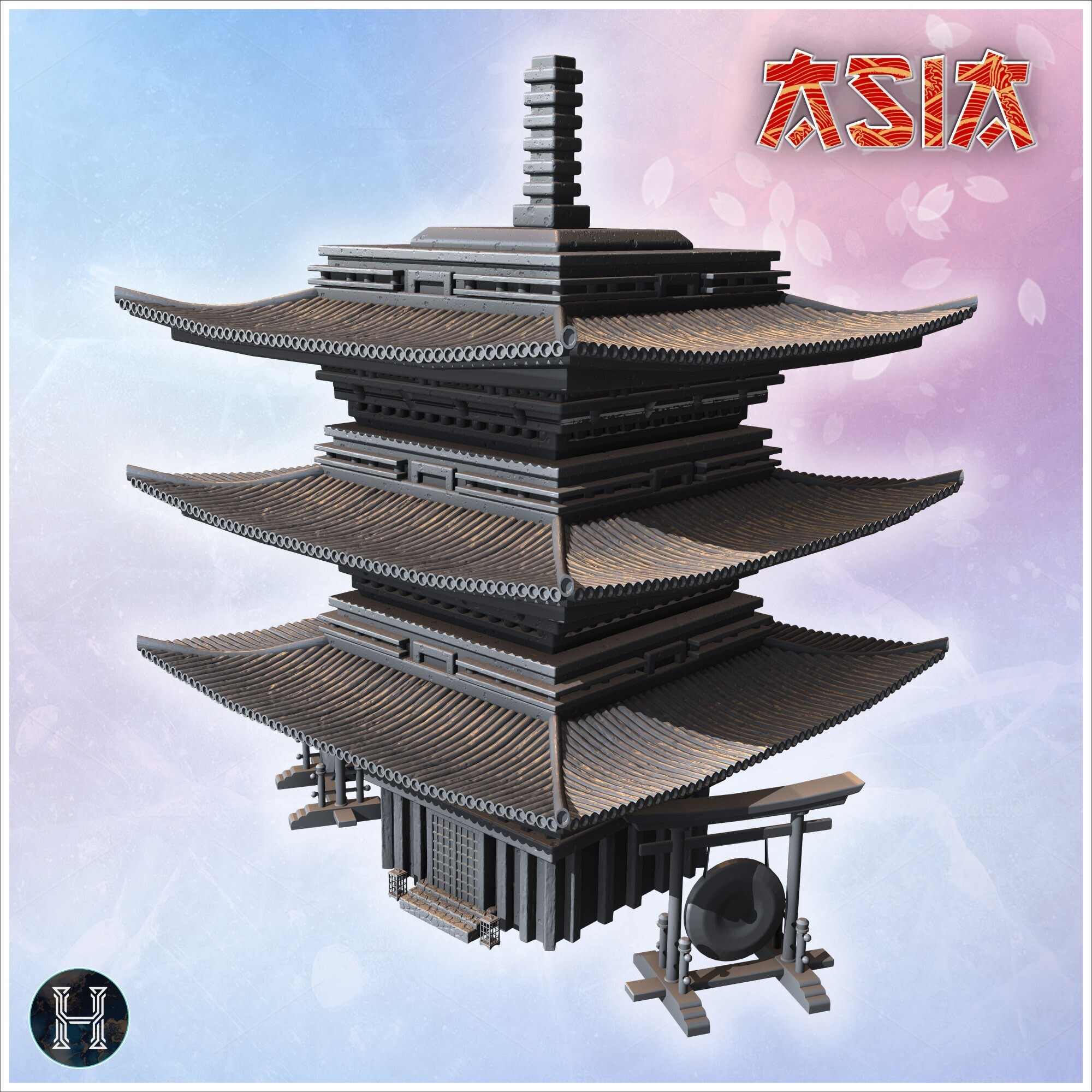 🪵 Multi-tiered Asian pagoda structure, curved roofs, central spire ...