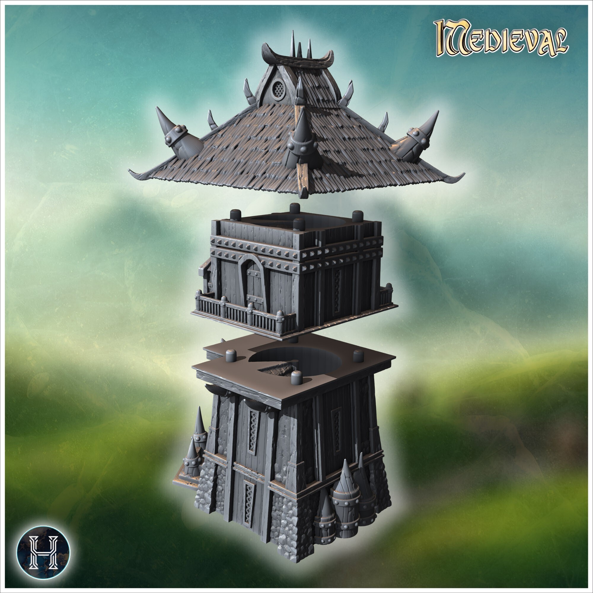 🪵 Tall wooden fortress tower with spiked decorations, arched balcony ...