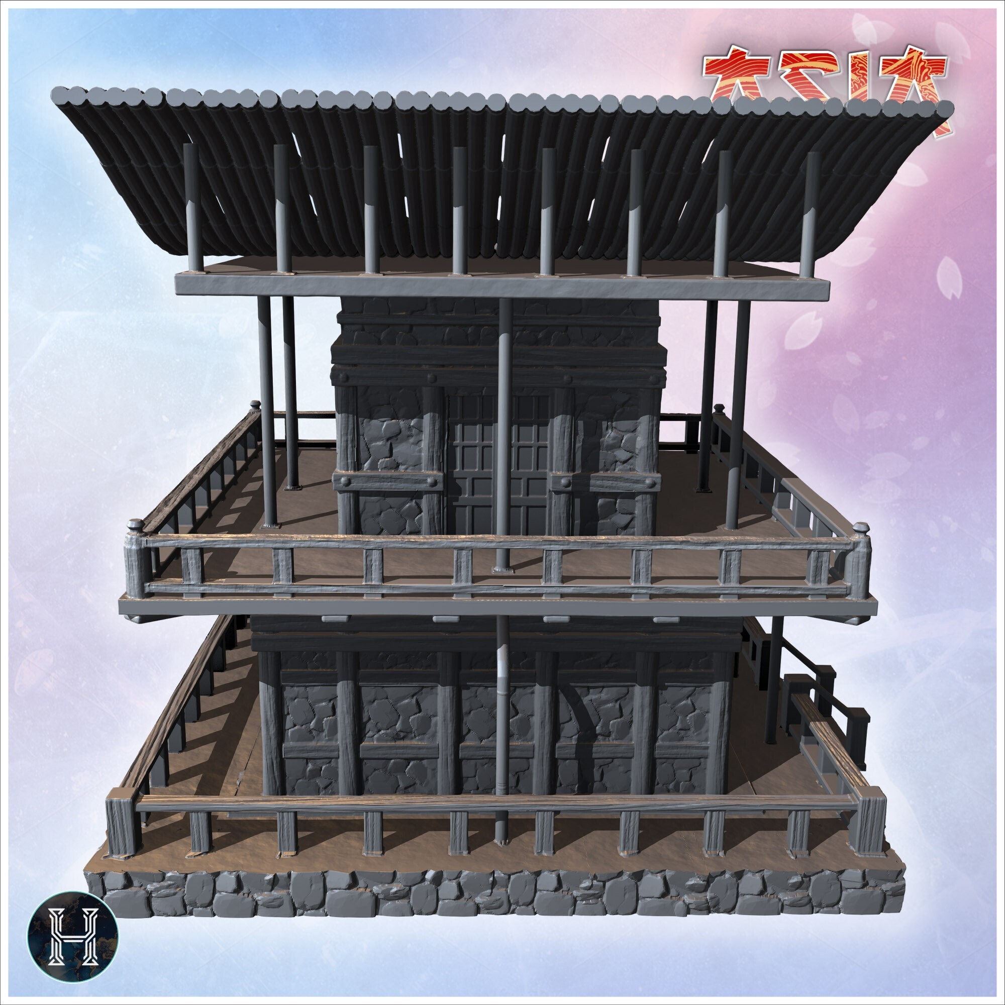 🪵 Two-story Asian-style watchtower with balconies, curved roof, stone ...