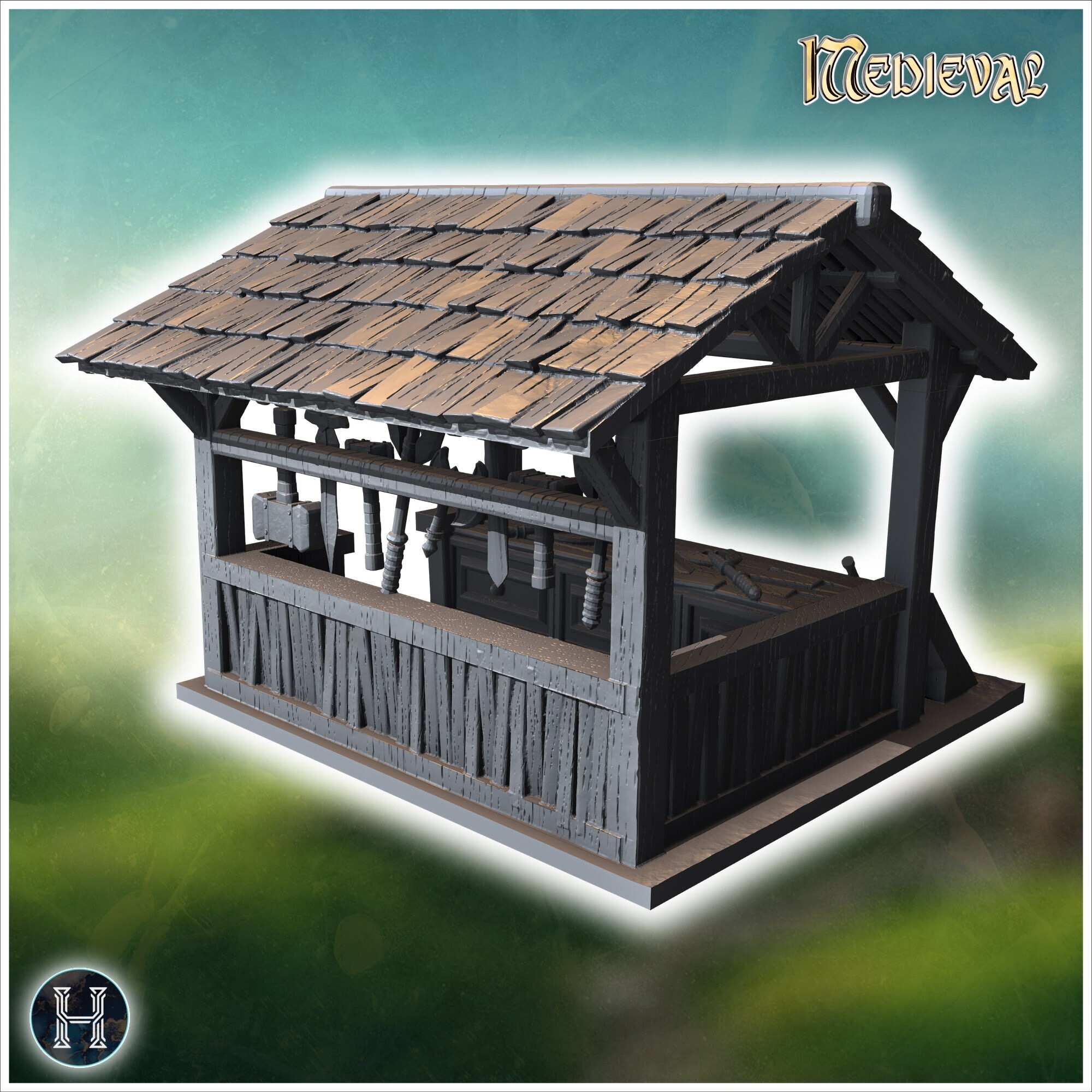 🪵 Open wooden market stall with a slanted roof, display shelves, and ...
