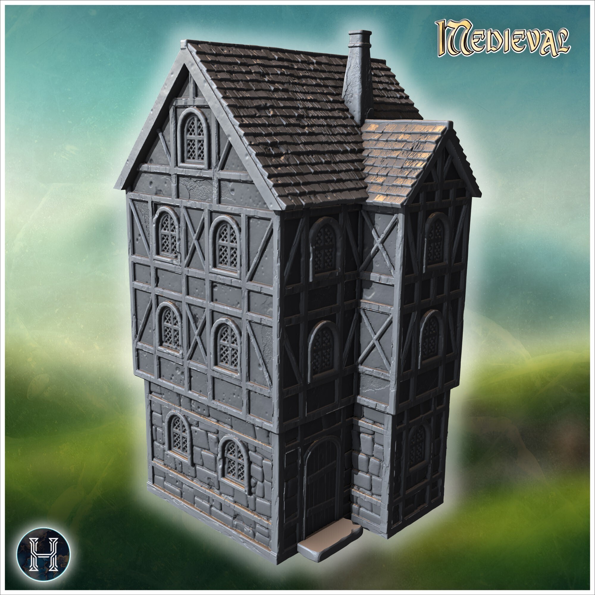 👴 Medieval townhouse with stone base and crossbeam framed upper floors ...