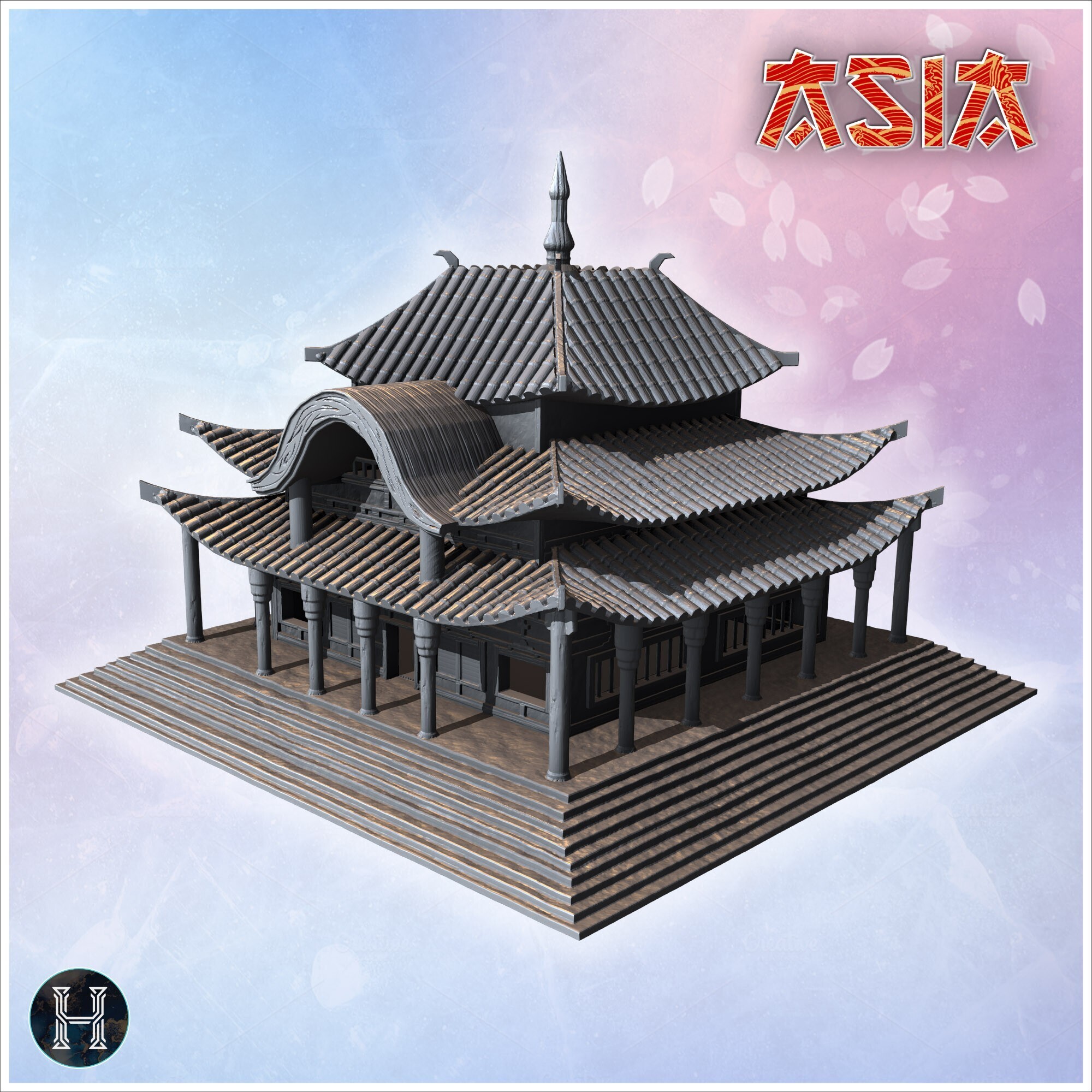 🕍 Large Asian temple with multiple curved roofs, decorative columns ...