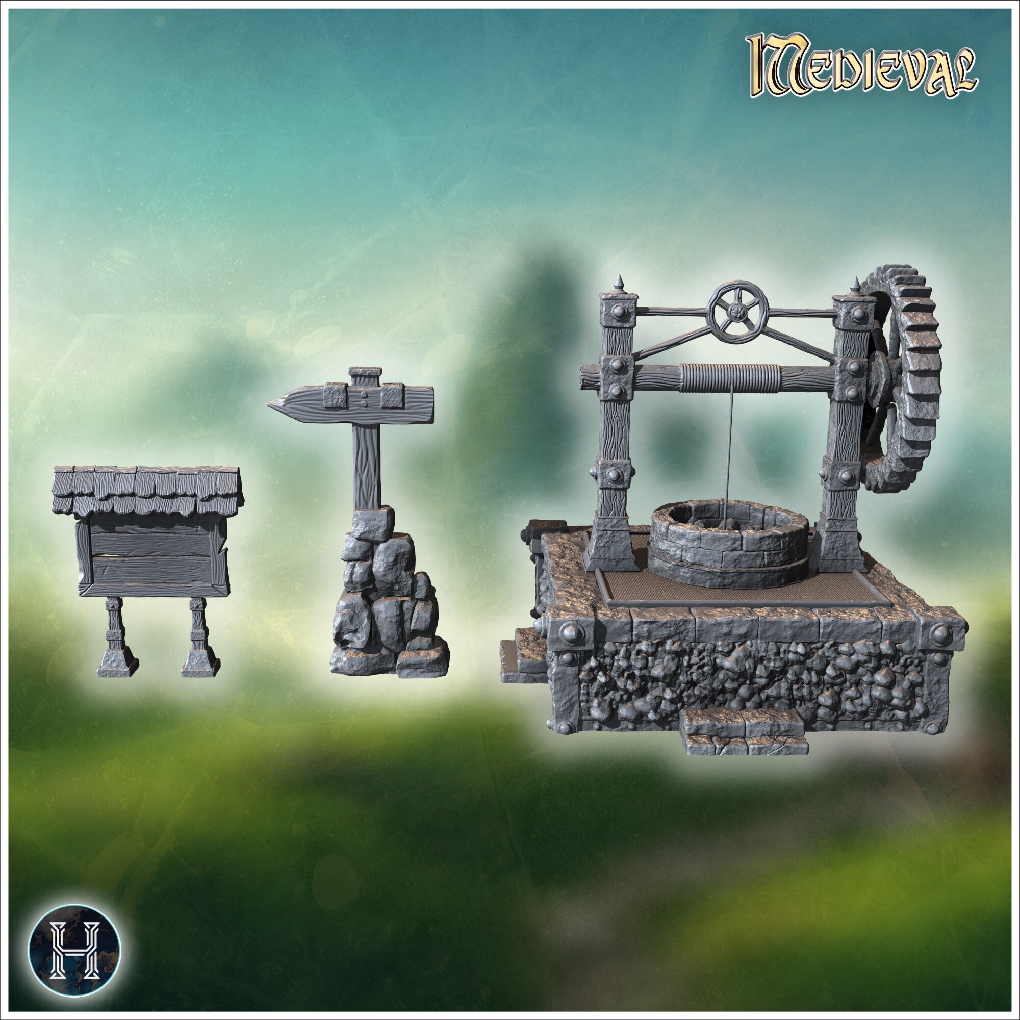 🪵 Medieval village set with well, signpost, and wooden notice board (8 ...