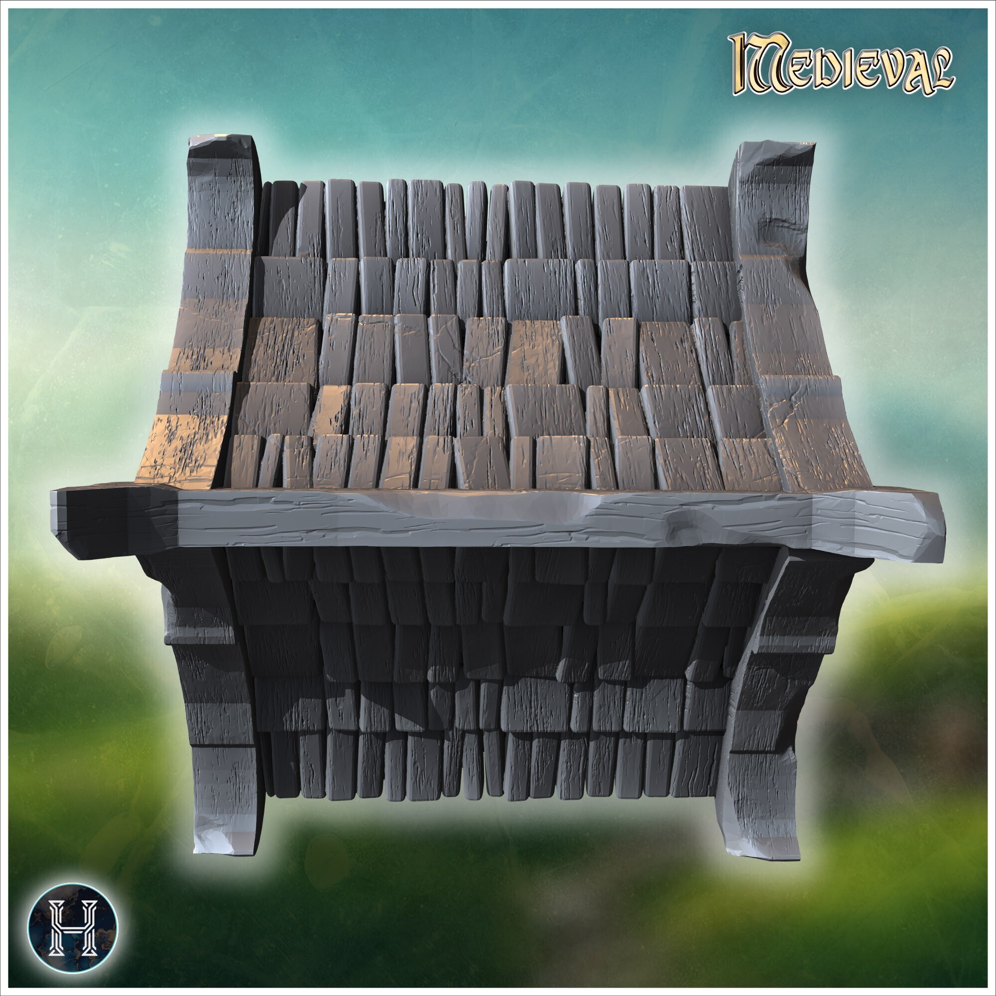🤏 Small wooden shrine with curved tiled roof, decorative beams, and ...