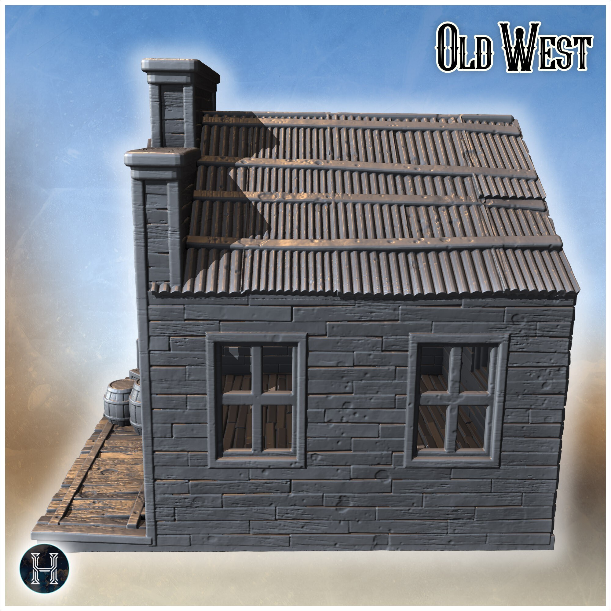 🚪 General store with barrels, crates, signboard above door and ...