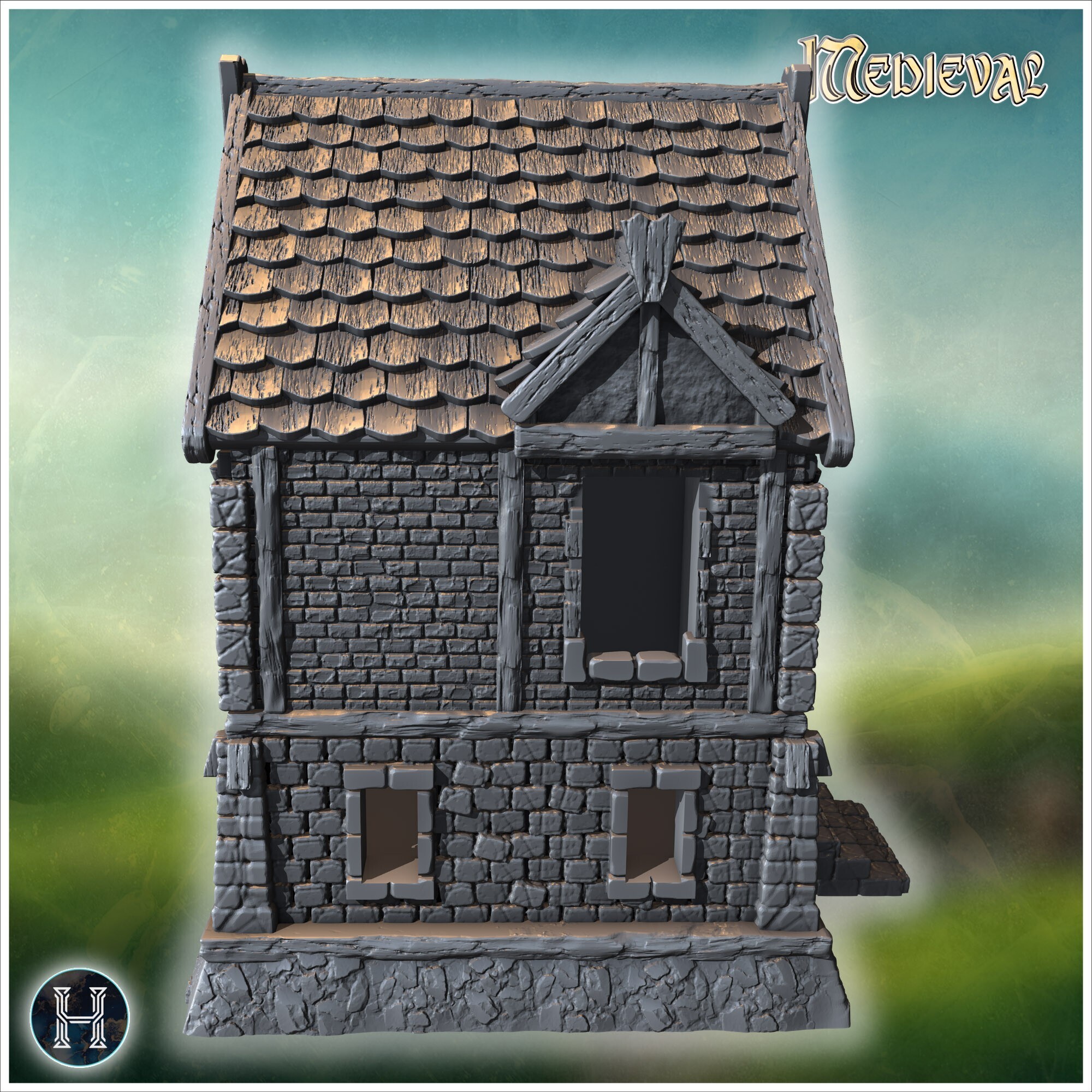 🏠 Medieval timber-framed house with stone foundation, steep gabled roof ...