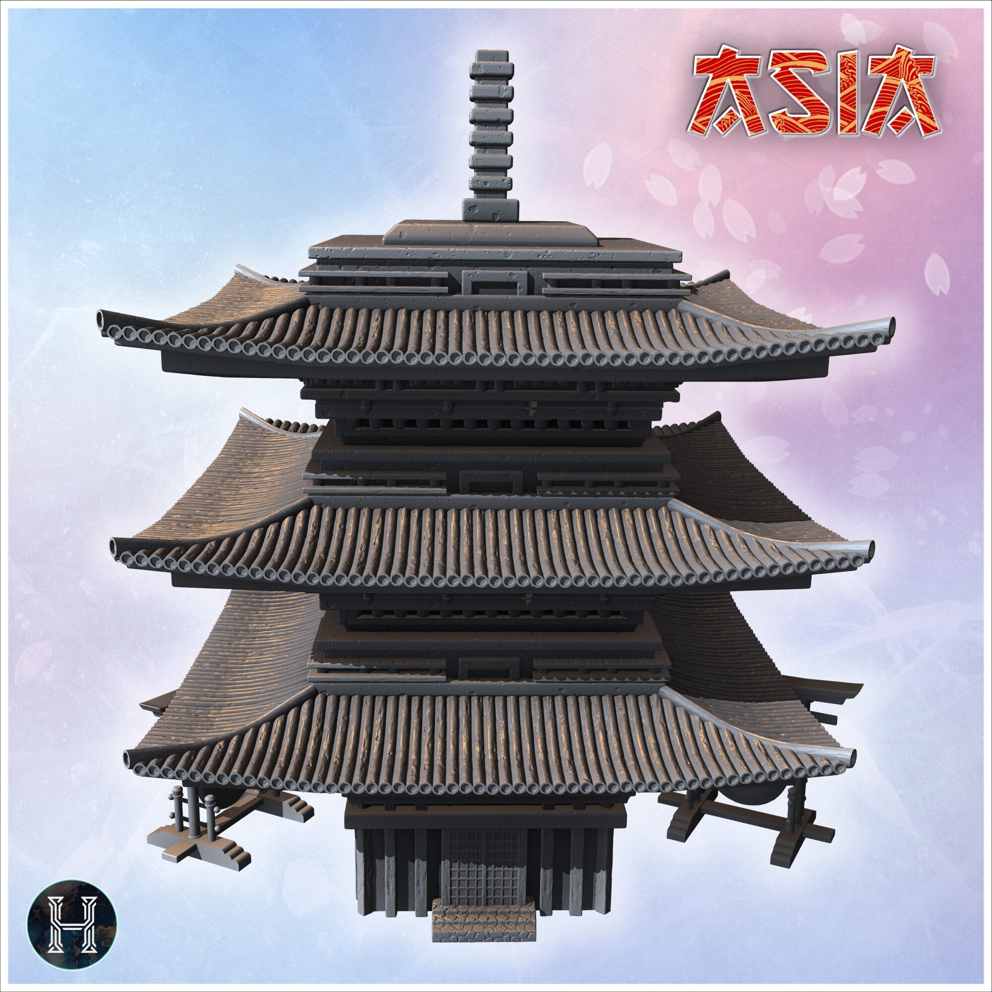 🪵 Multi-tiered Asian pagoda structure, curved roofs, central spire ...