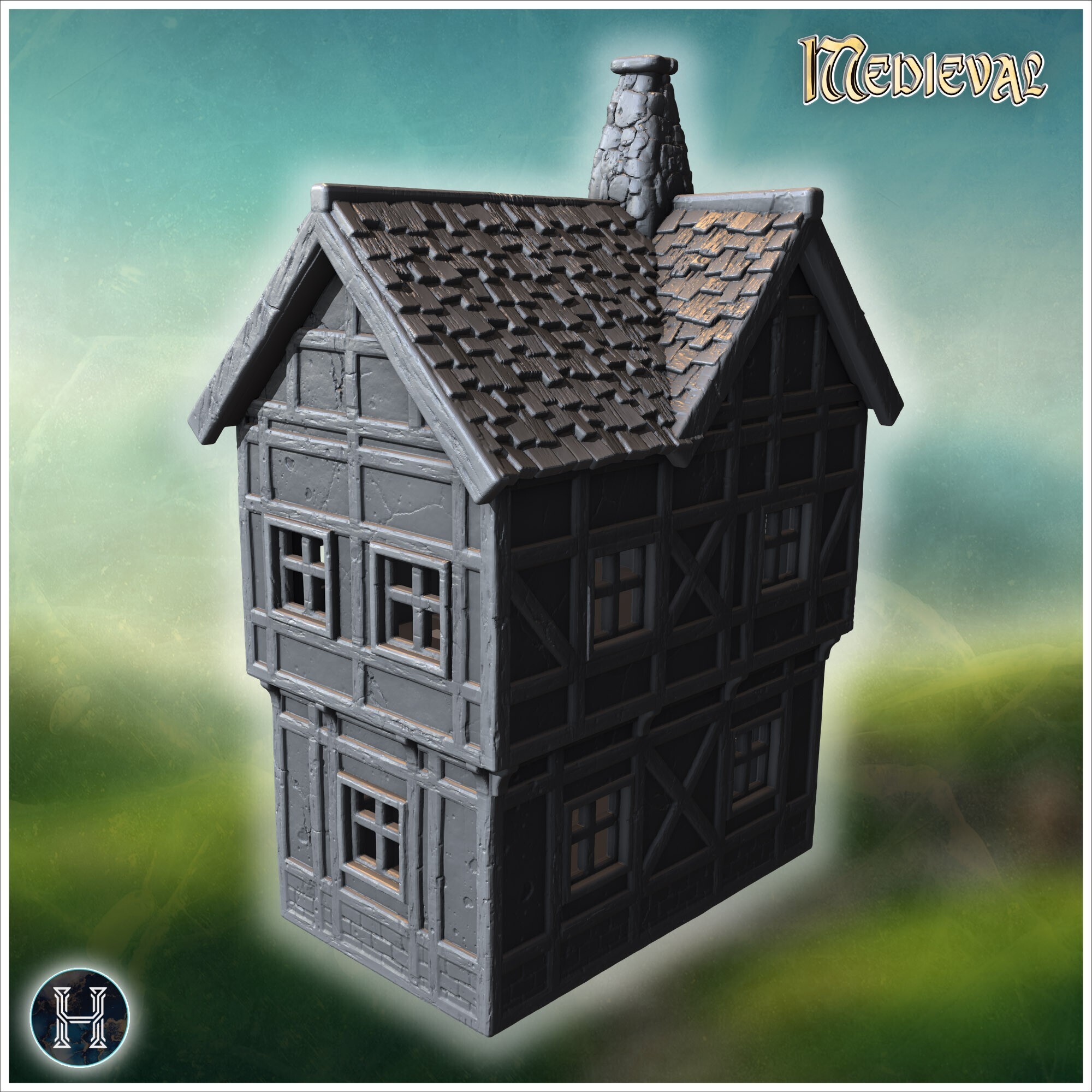 🏠 Corner medieval house with timber-framed structure, stone chimney ...