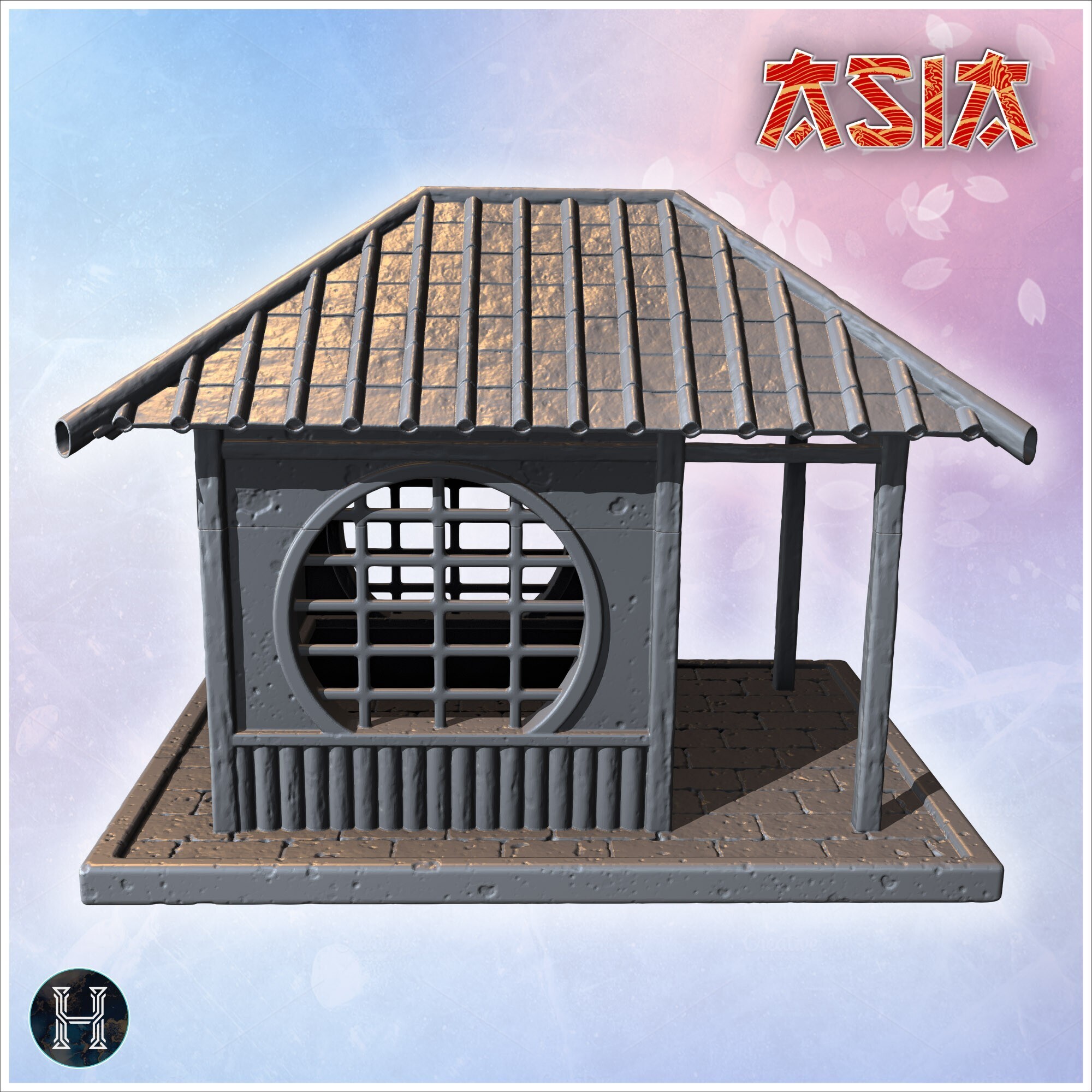 🤏 Small Asian-style pavilion with tiled roof, round window, sliding ...