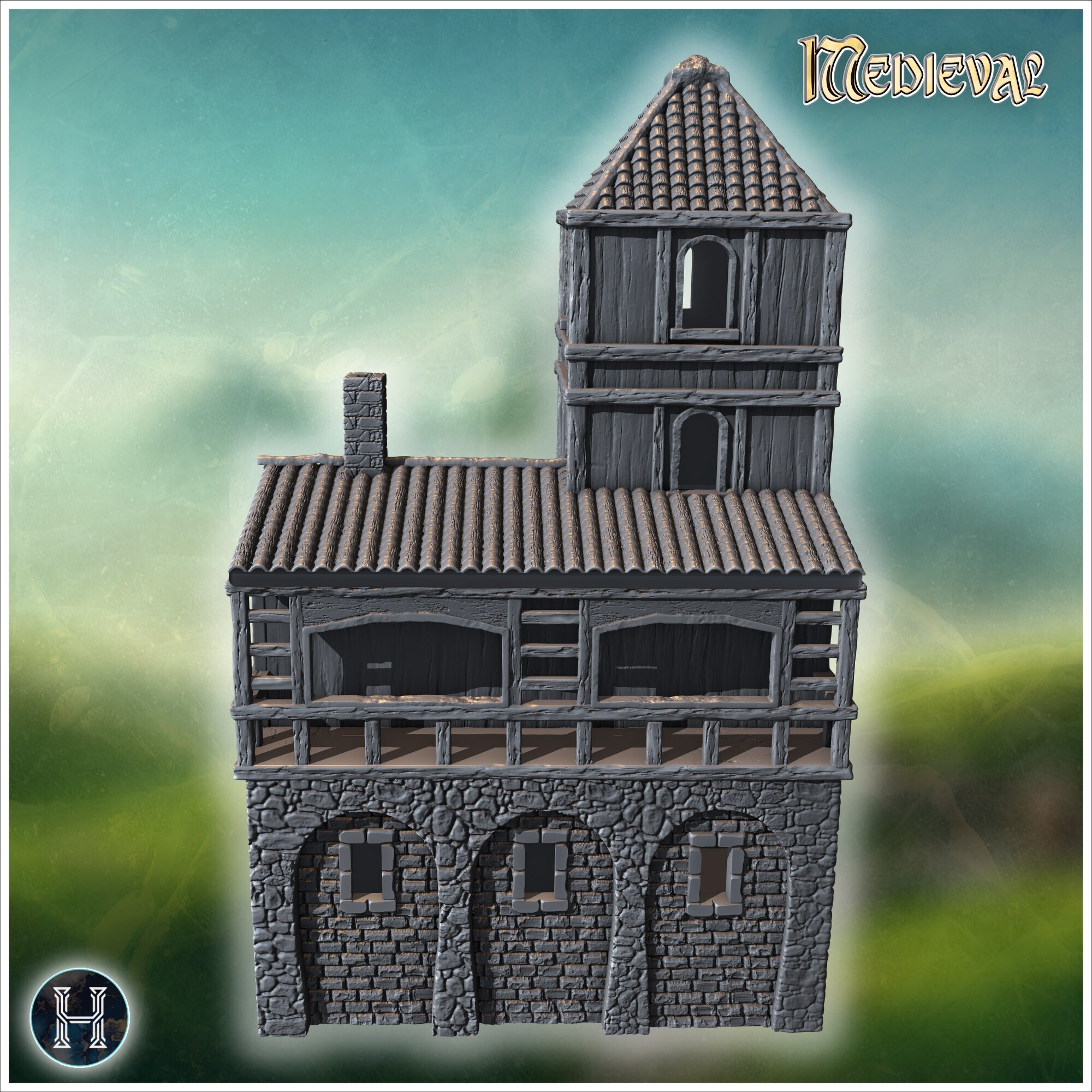 🏠 Large half-timbered house with a stone base, tiled roof, and open ...